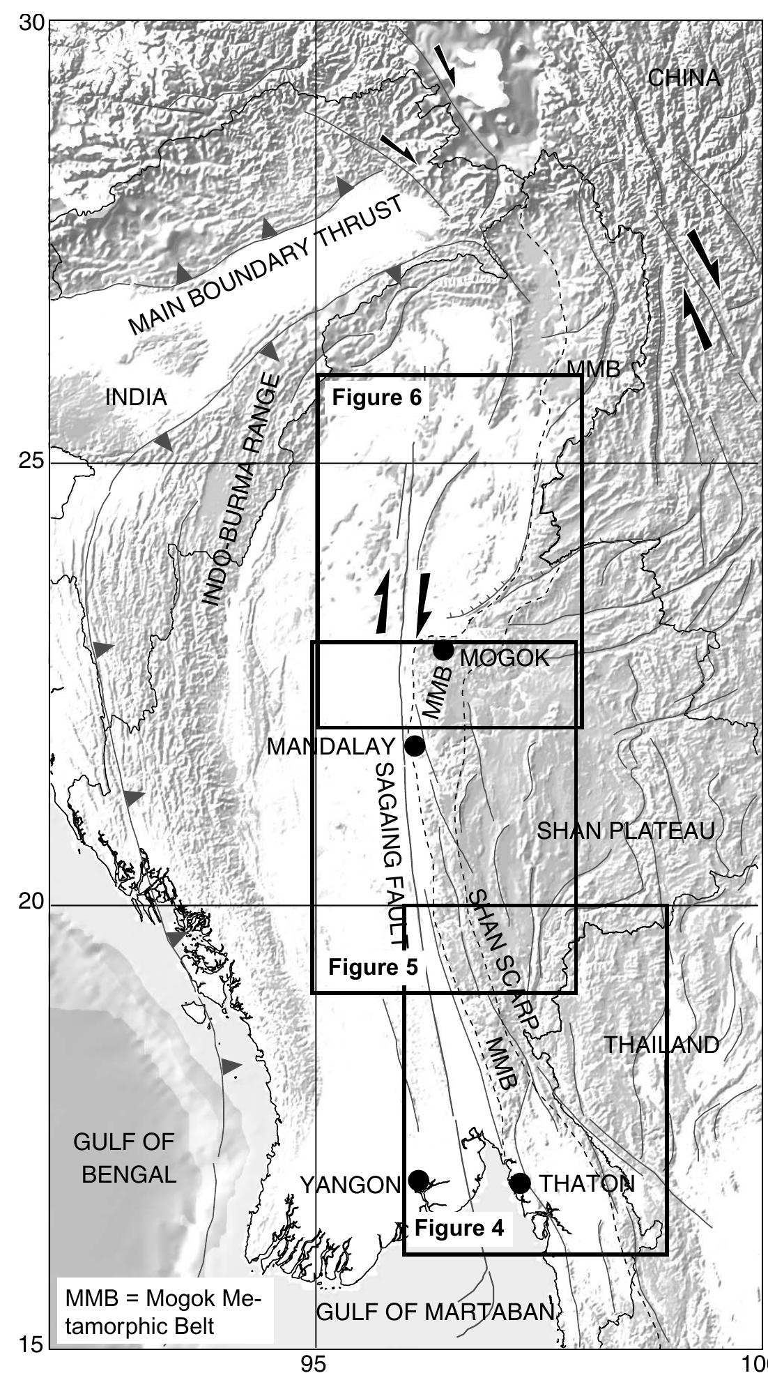 Structural map of myanmar and surrounding regions. the areas