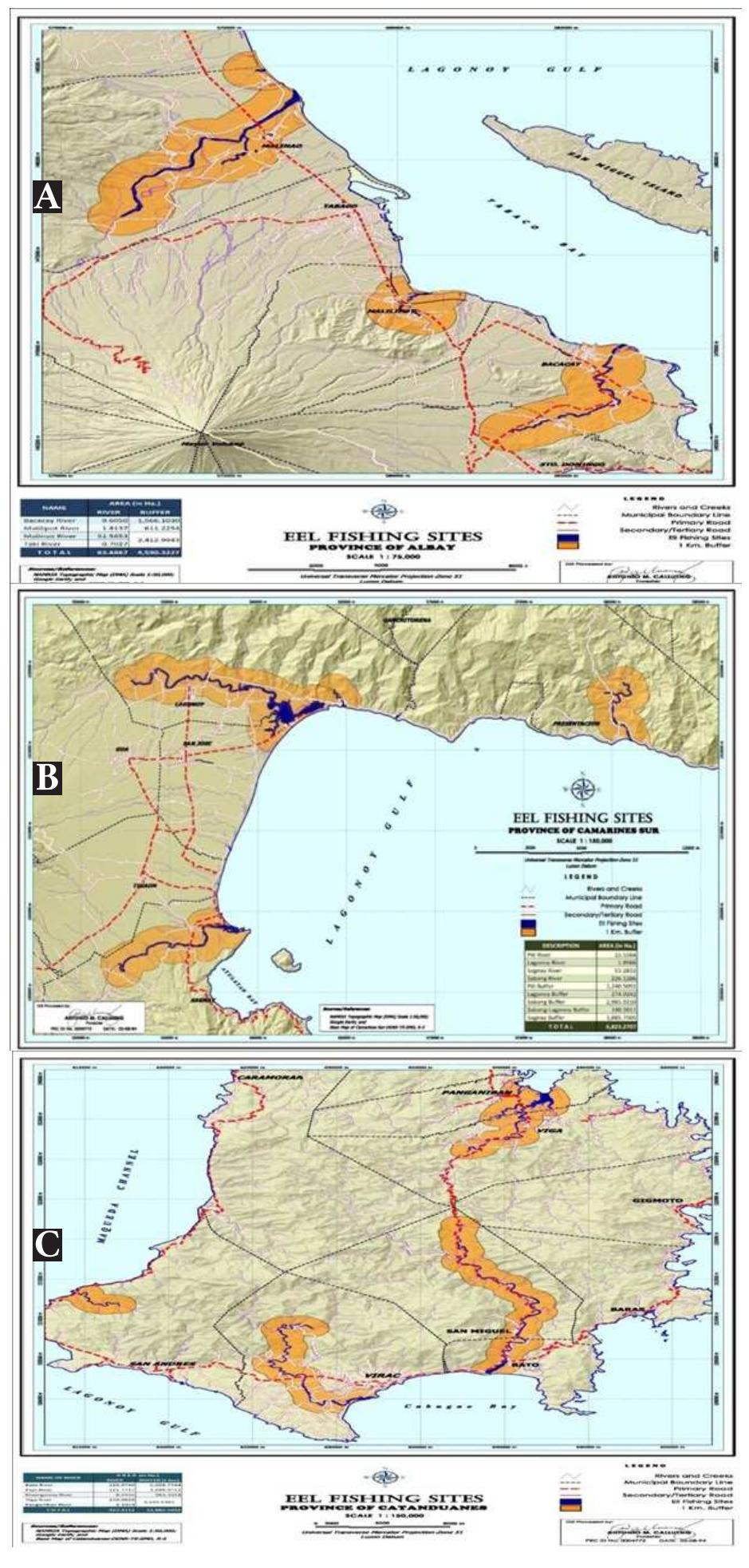 (a) gis map of potential eel collection and fishing grounds