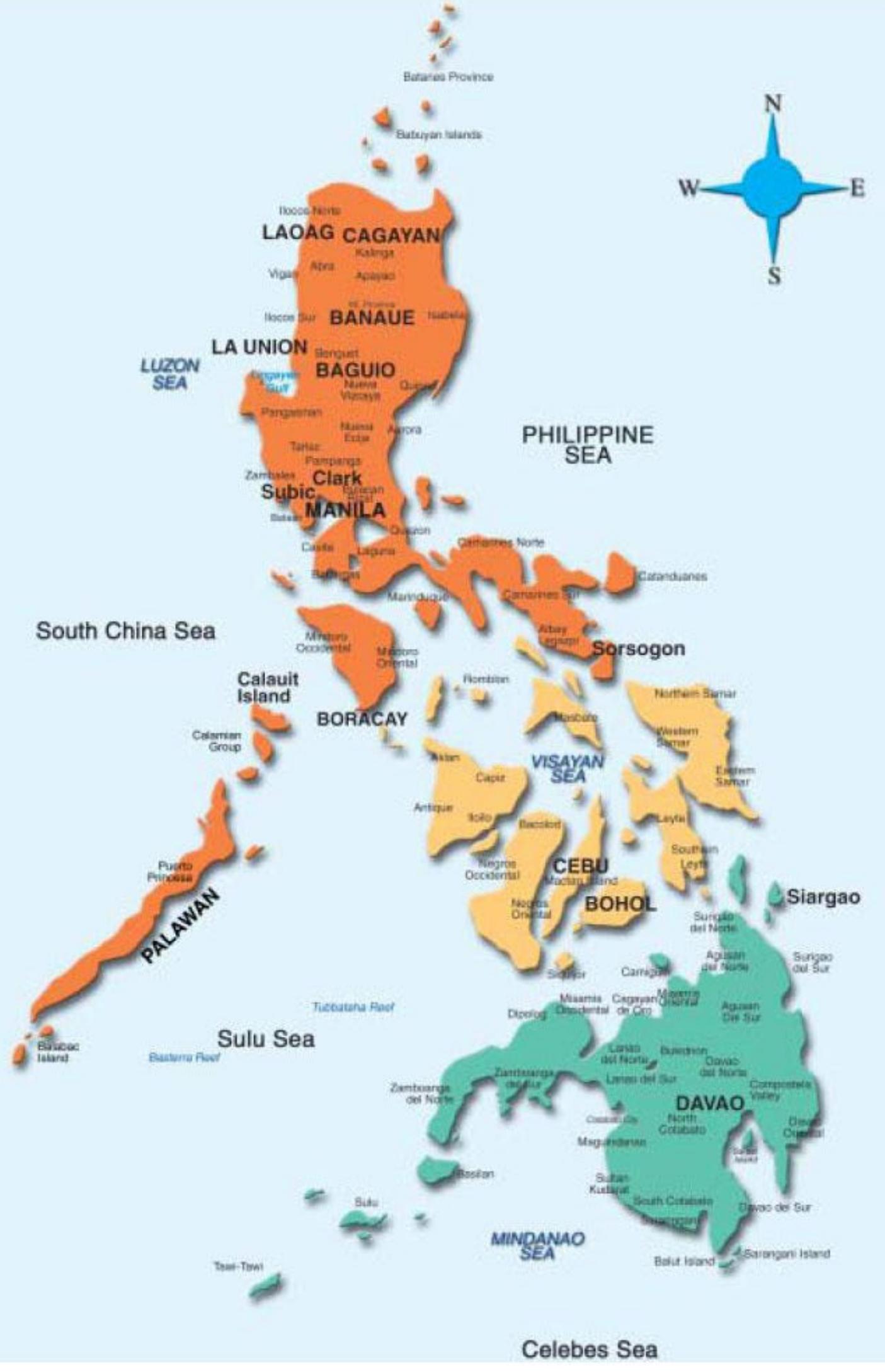 A map of the philippines, showing the three geopolitical
