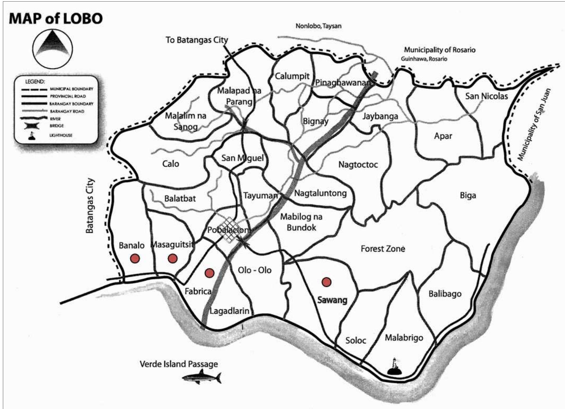 Map of lobo showing some of the barangays (with red marks)