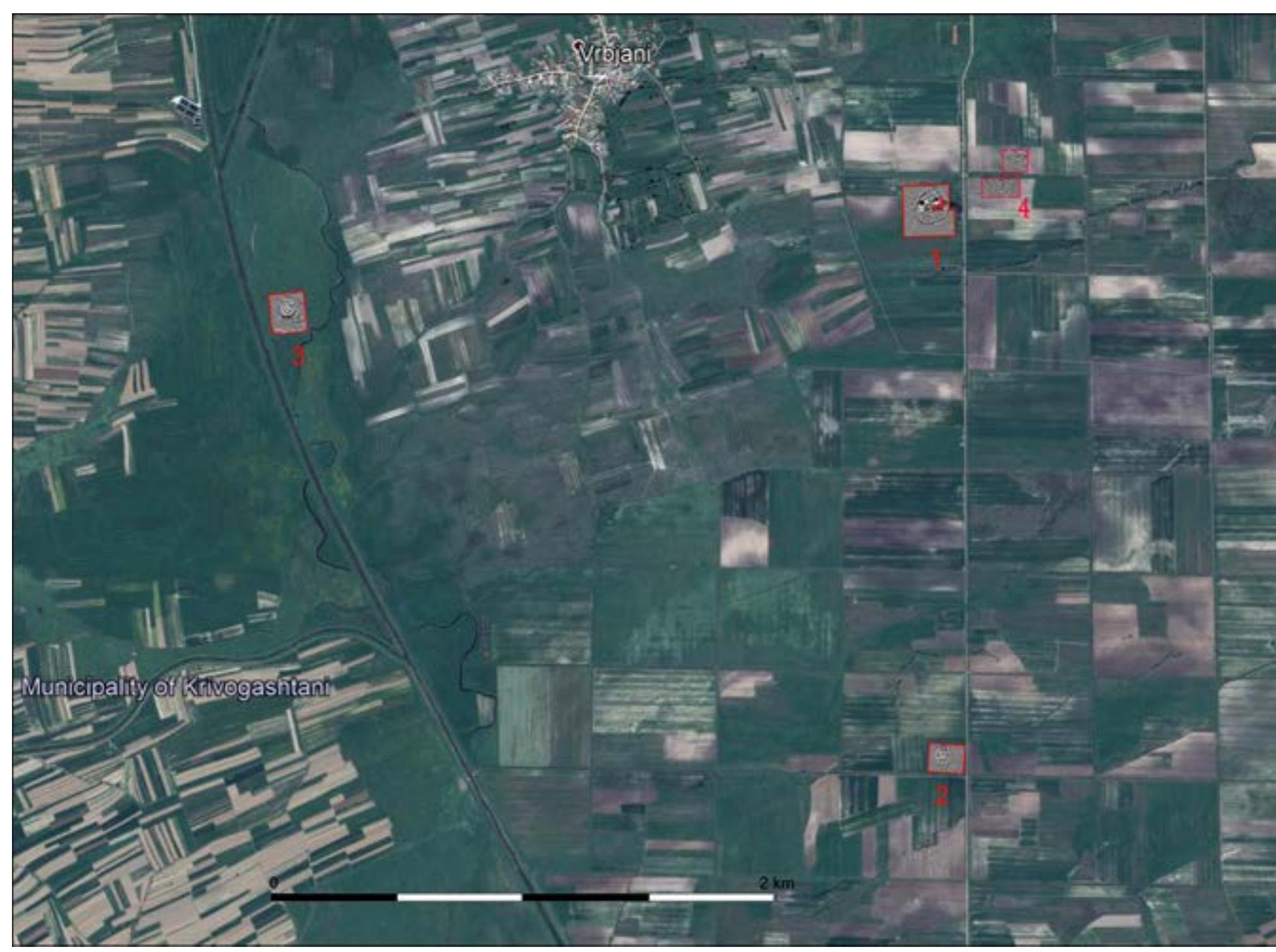 Map of the tells where the geomagnetic survey was performed: