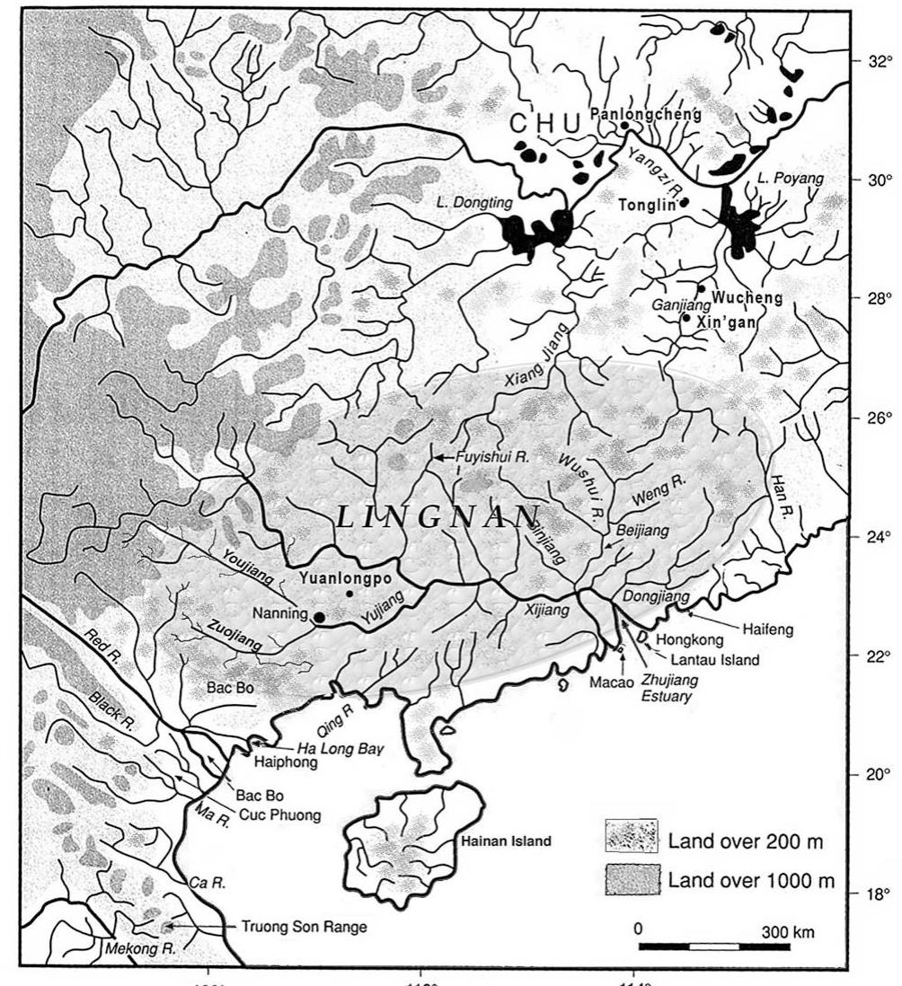 Map of southeast china including lingnan with sites, river
