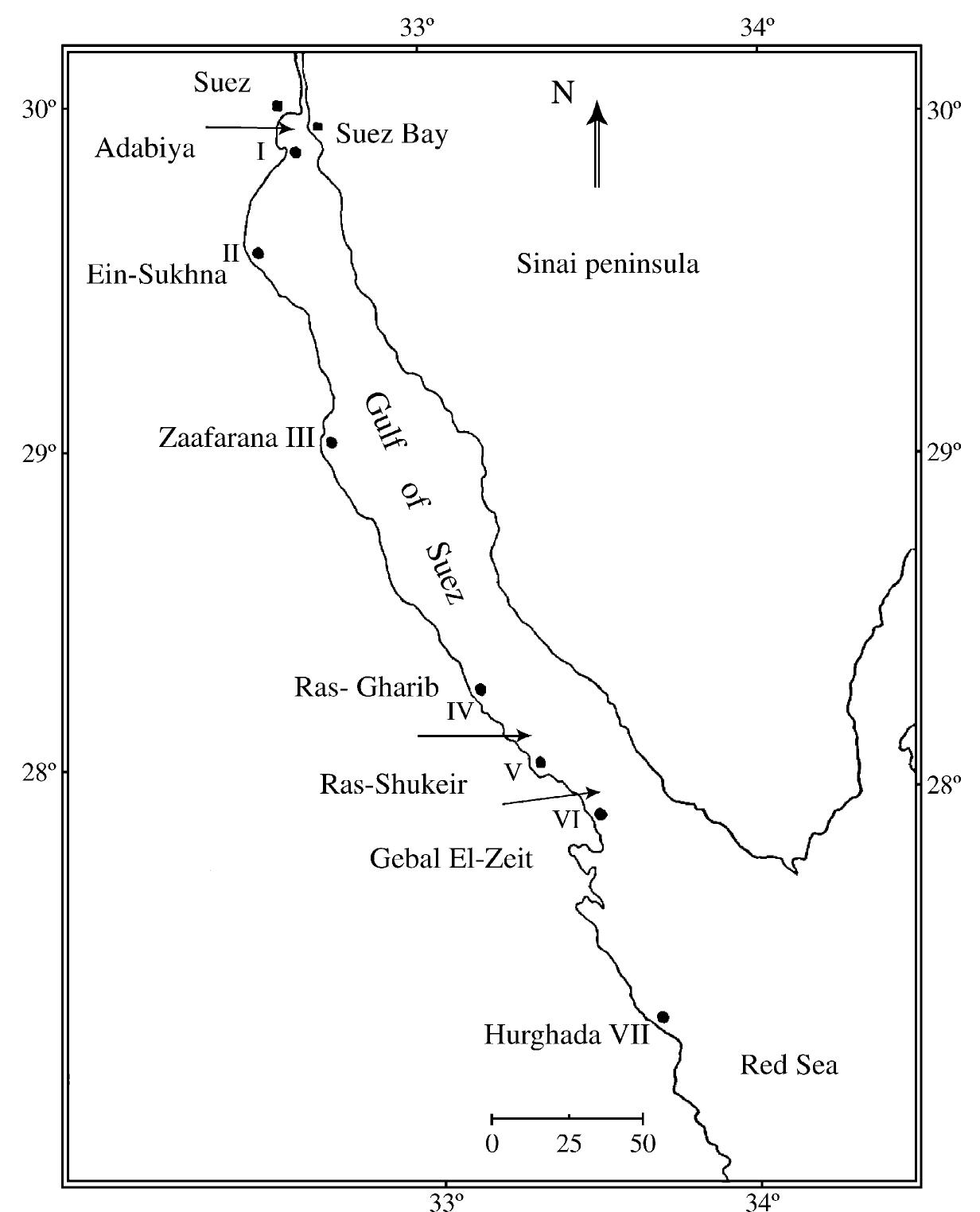 Map of the gulf of suez showing the location of different