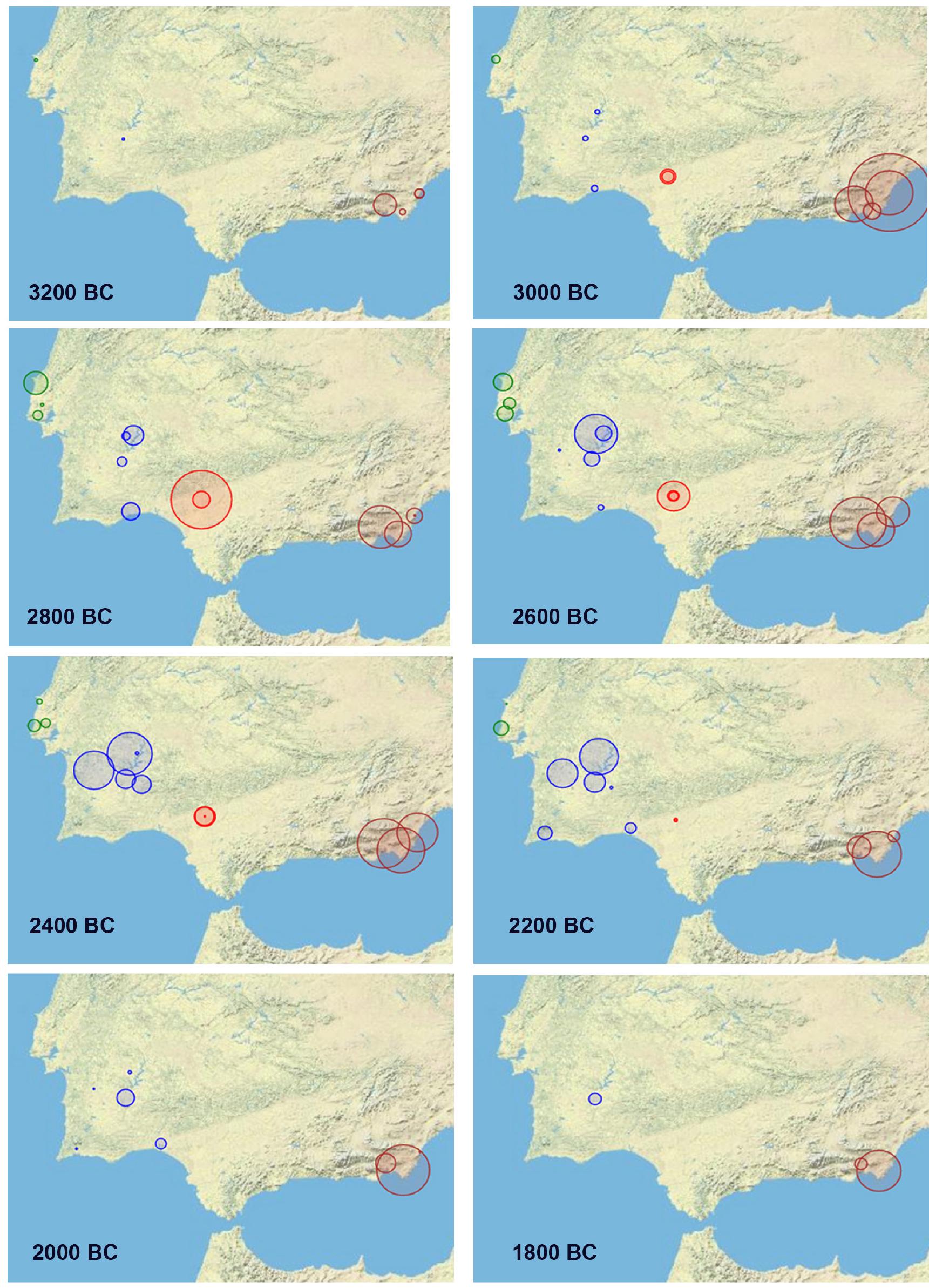 Time-slice maps of radiocarbon dates of tholos-type tombs