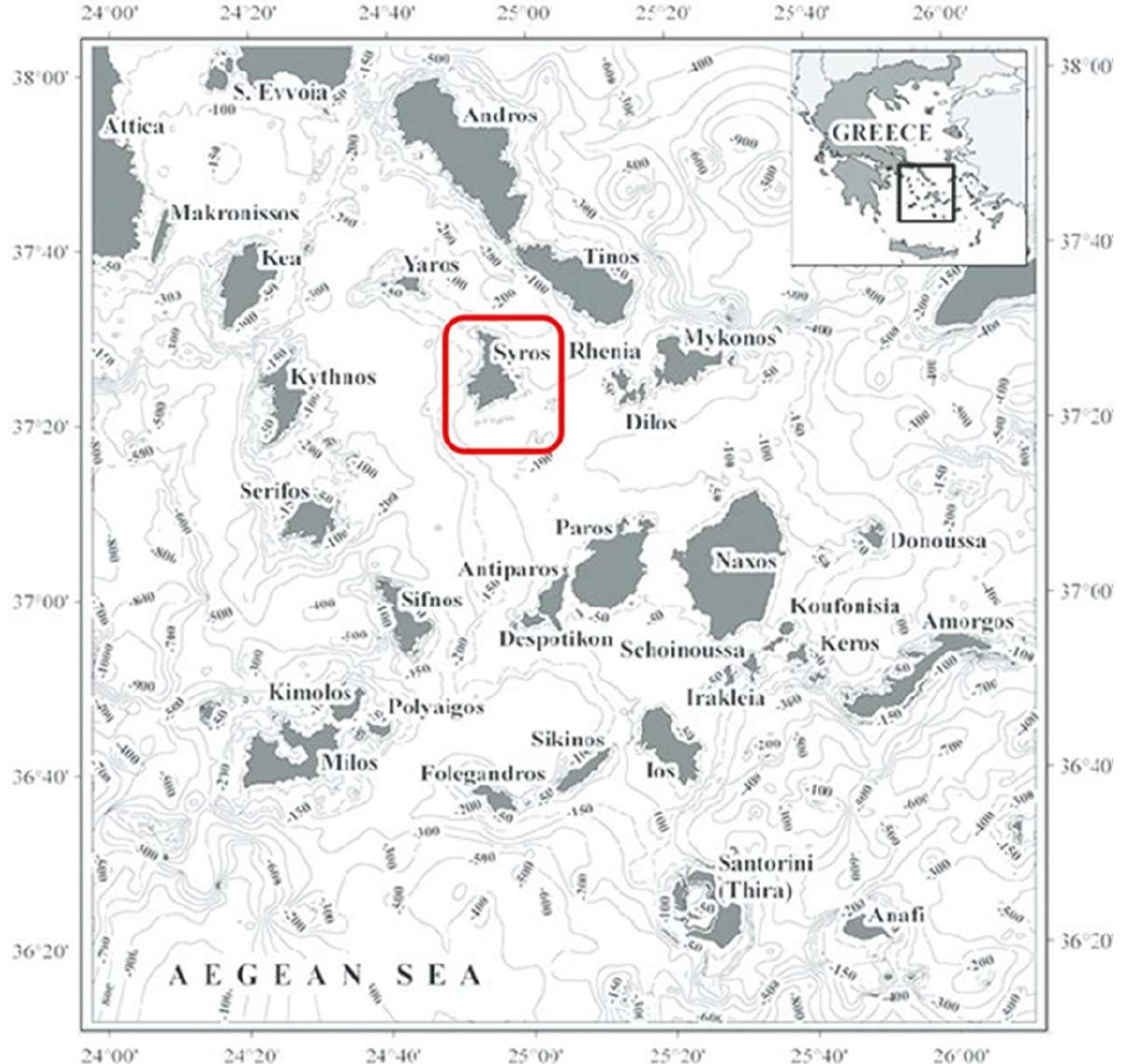 Location map of syros island and bathymetry of the cyclades