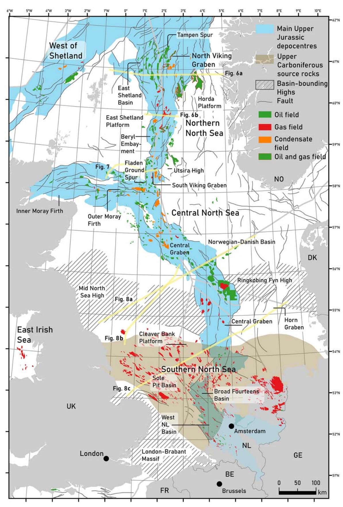 Location map of the north sea basin, showing the main late