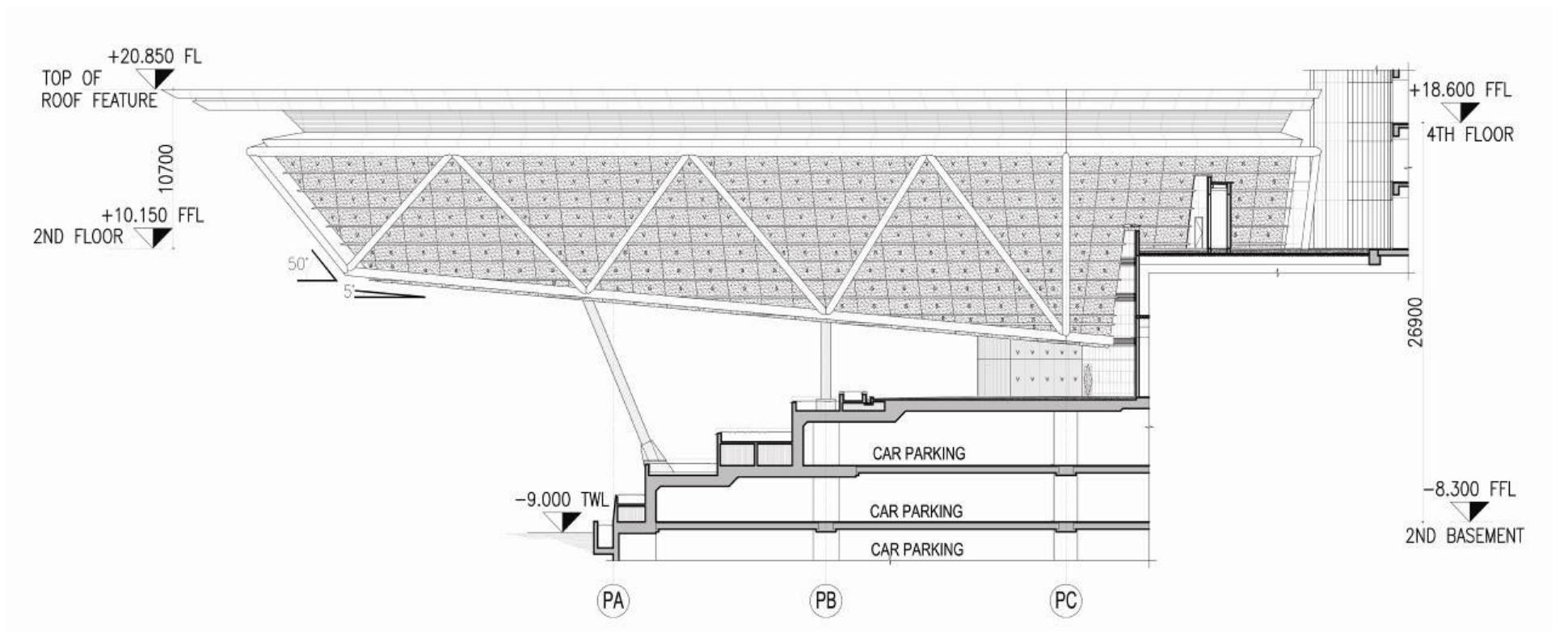The ground floor slab is formed by a 140m diameter stepped