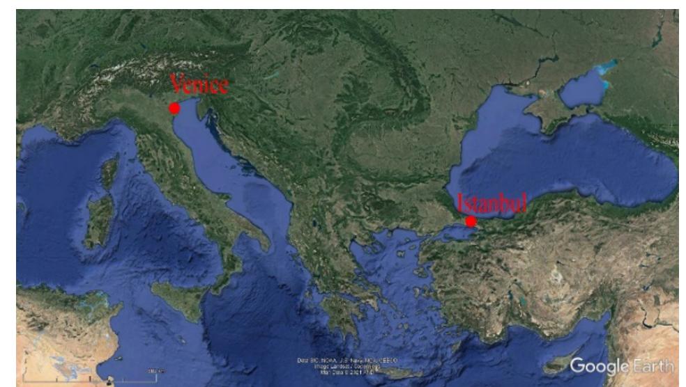 The map, showing venice and istanbul (google earth)