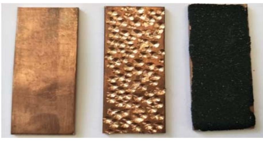 The fabricated copper tapes. from left, normal, pitting and