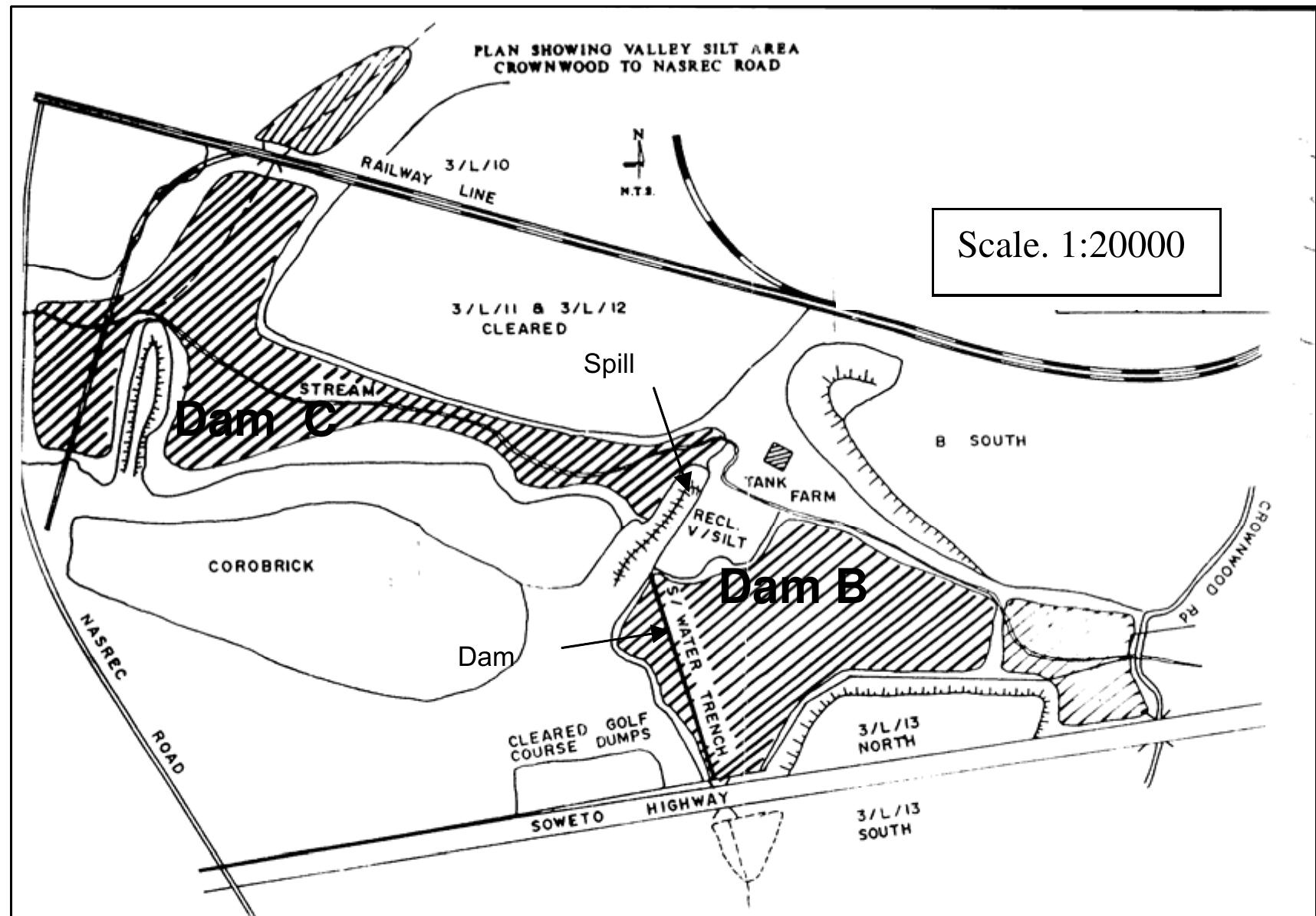 Diagram showing valley silt deposit of dams a, b and c on