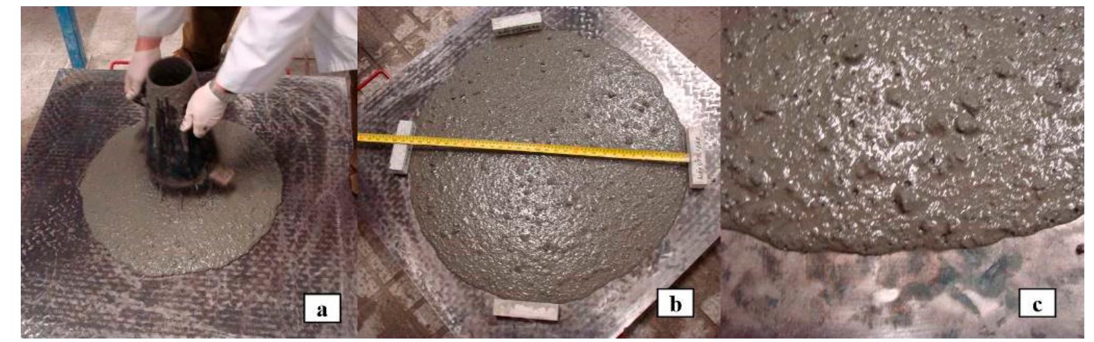 Slump-flow test: (a) start test, (b) measuring the diameter,