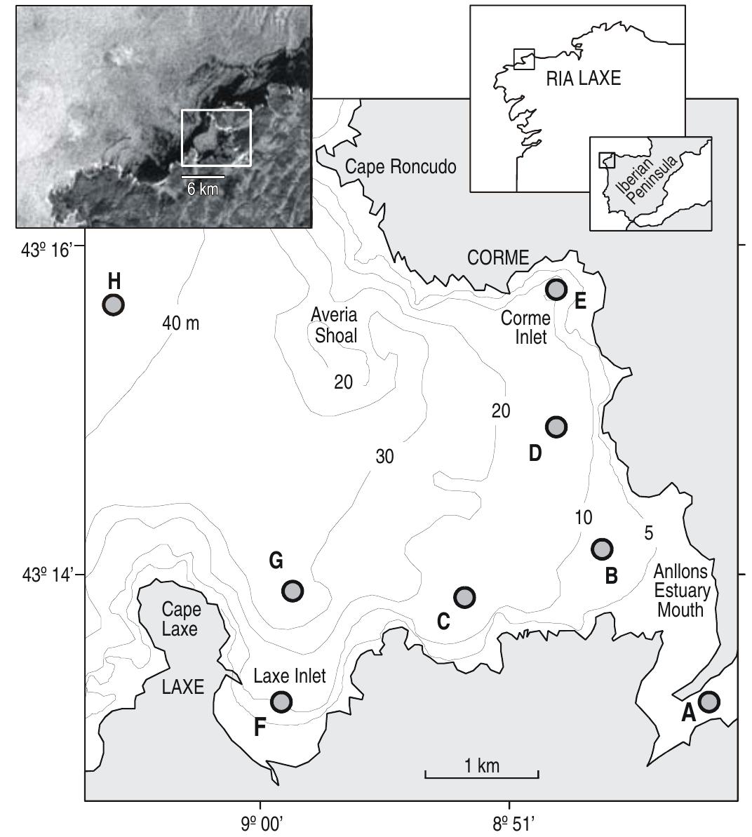 Ura 1. mapa batimétrico de la ria de laxe donde se indican