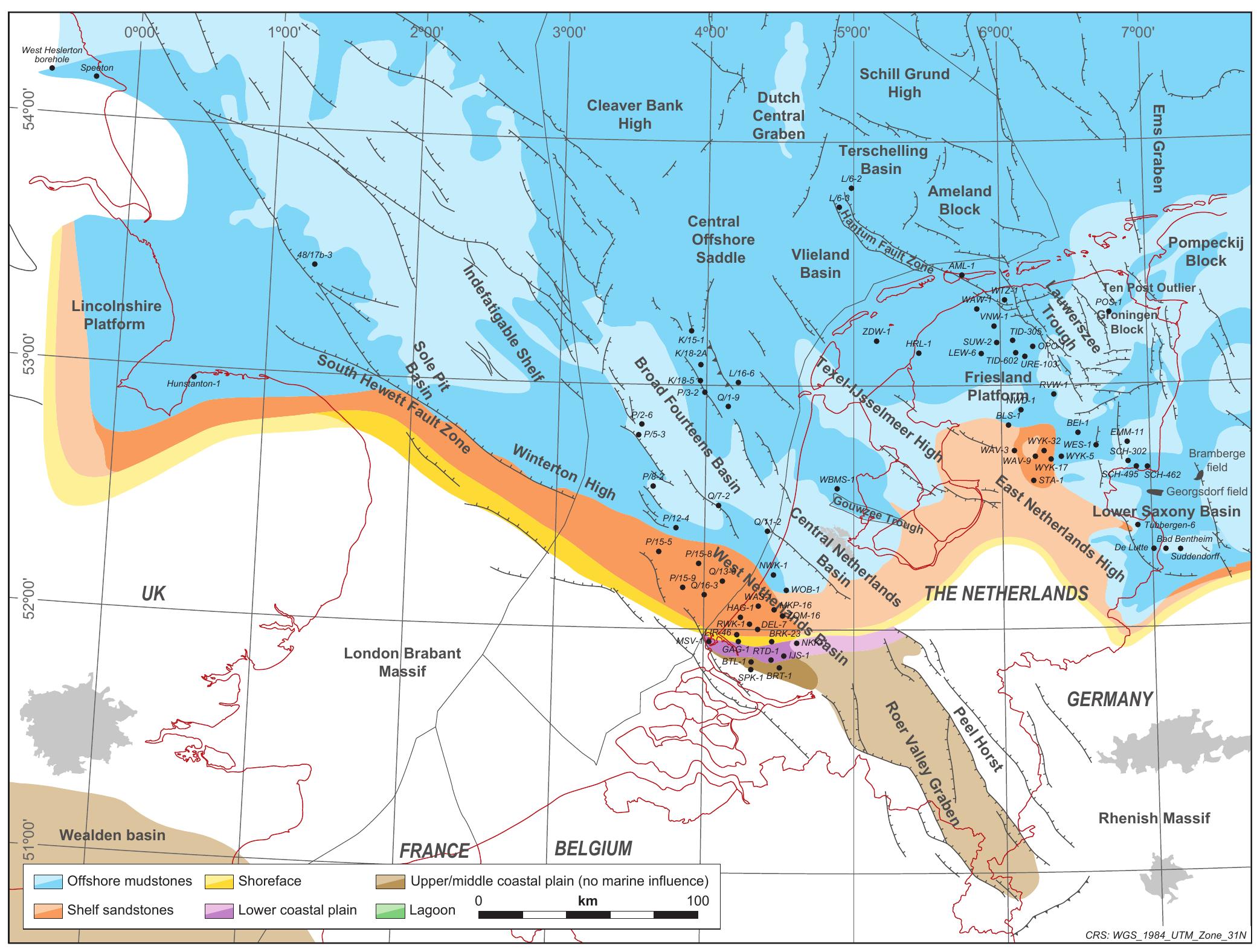 E. regional facies map: base k40 sequence marginatus zone
