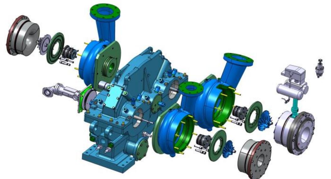 Exploded view of integrally geared compressor an integrally