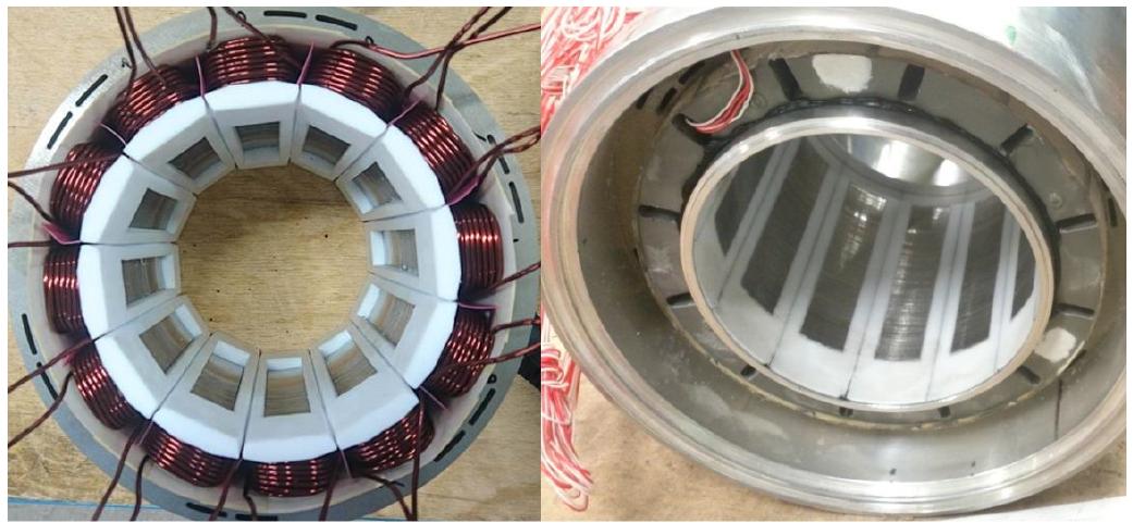 Wound stator before (left) and after (right) potting. the