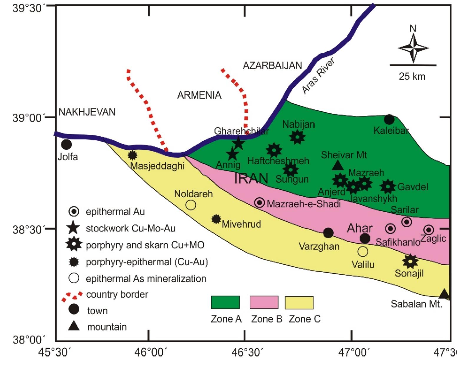 Distribution of metallogenic zones and types of