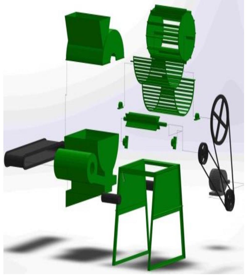 Assembly exploded fig. 6. fully assembled threshing machine