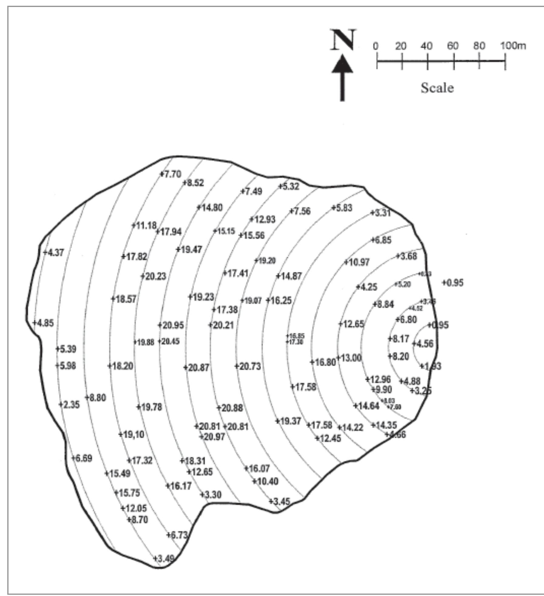 Bathymetric map showing the radial chord lines.