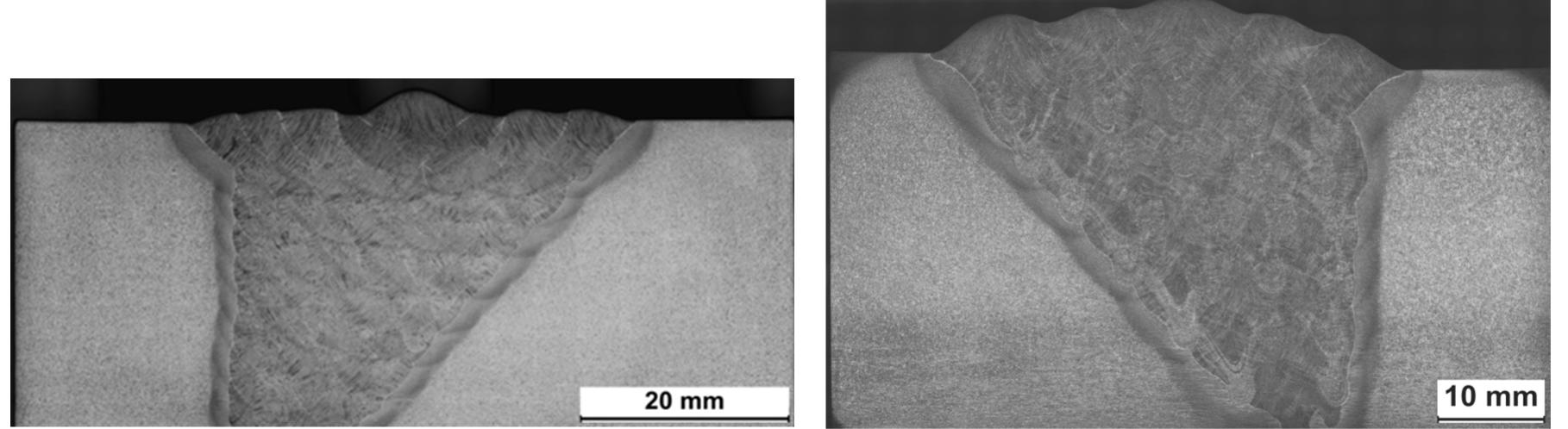 Macrograph of weld with 1.1 kj/mm (left) and for 1.9 kj/mm