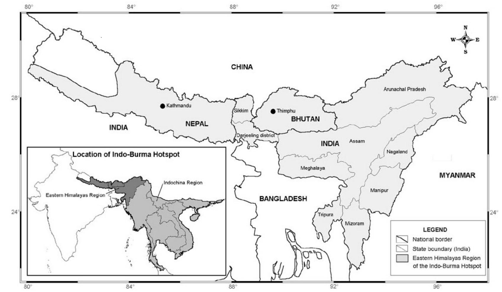 Map showing the location of the eastern himalayas within the