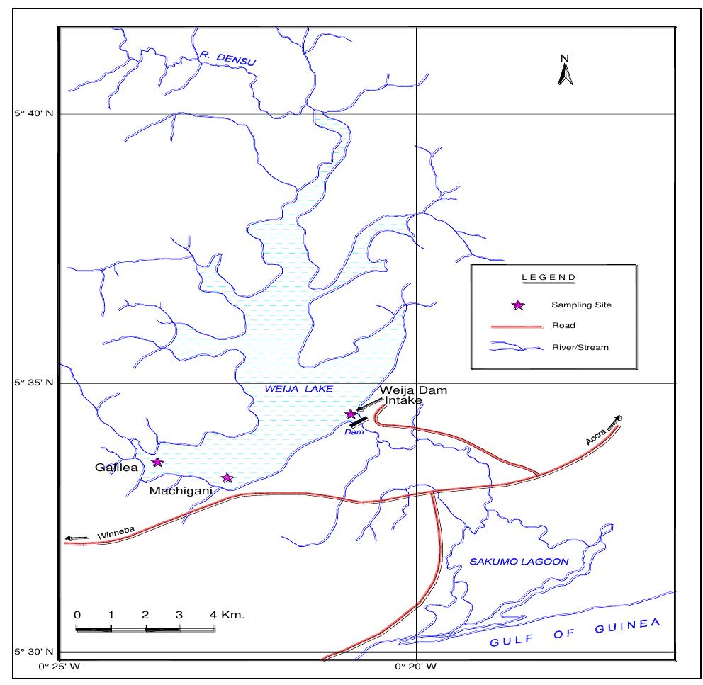 Map of weija reservoir showing sampling stations the wea