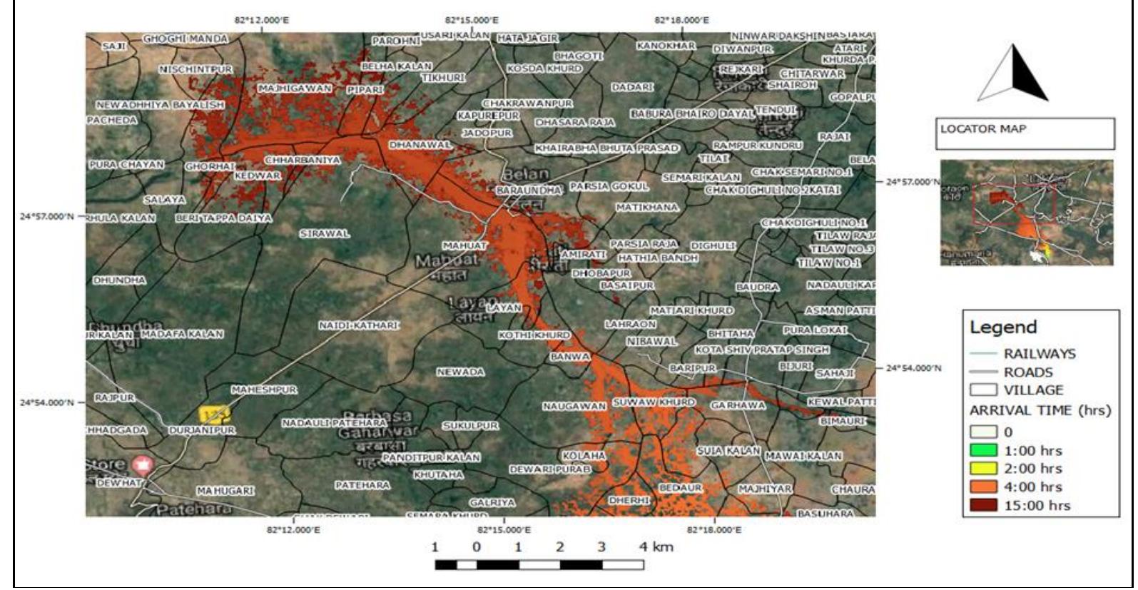 Arrival time (hr) based flood inundation map of adwa dam