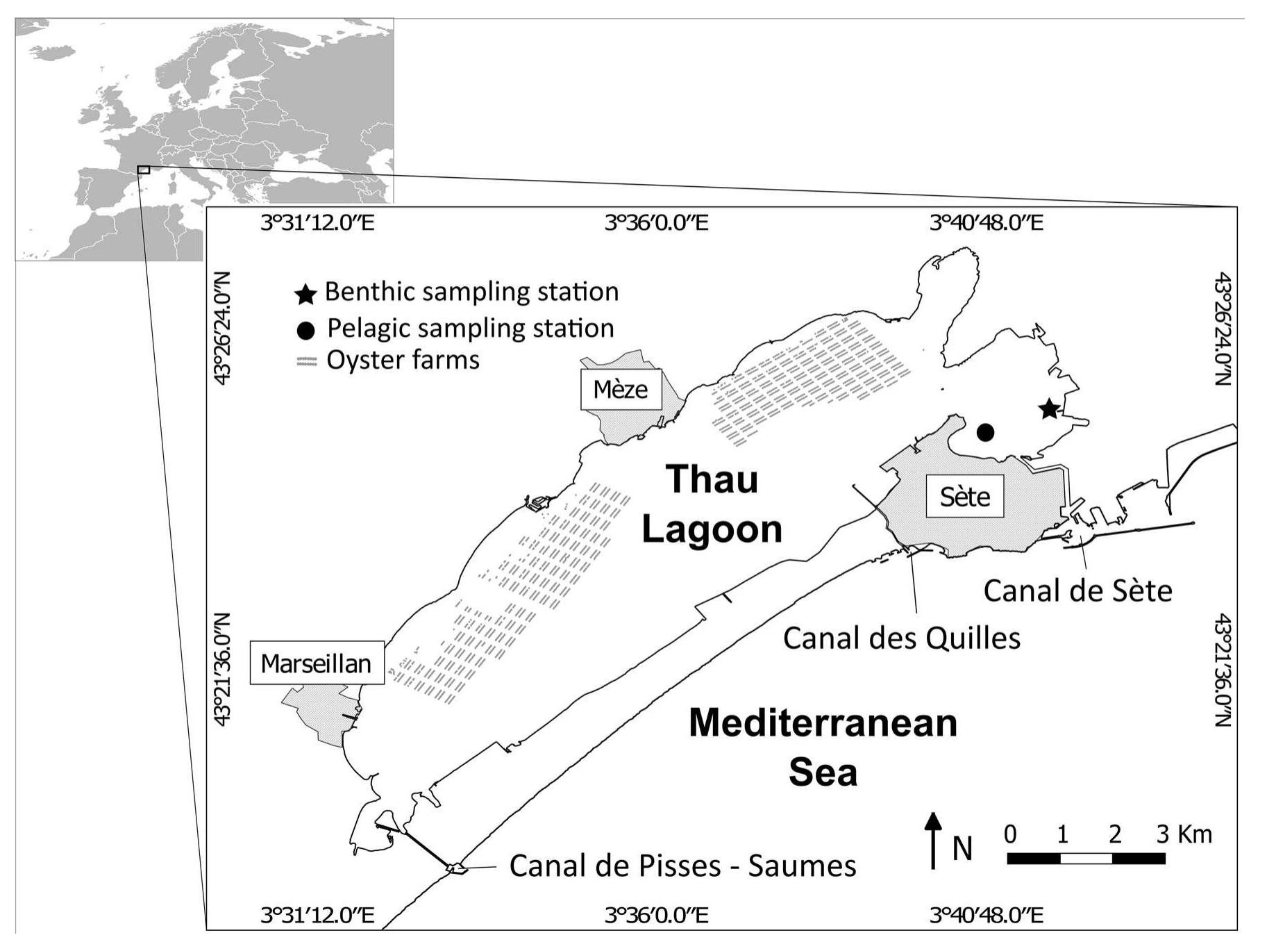 Map of the thau lagoon showing the location of the benthic
