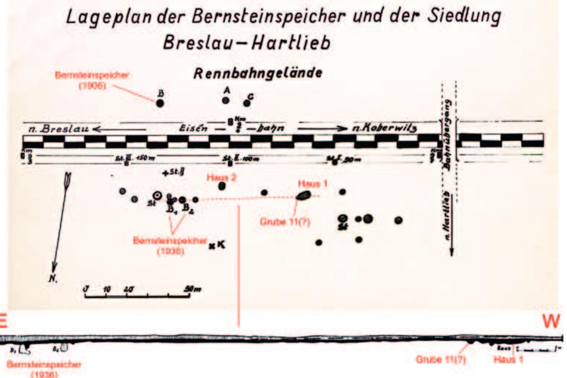 Combined 1906 and 1936 excavation plans with cross-sections
