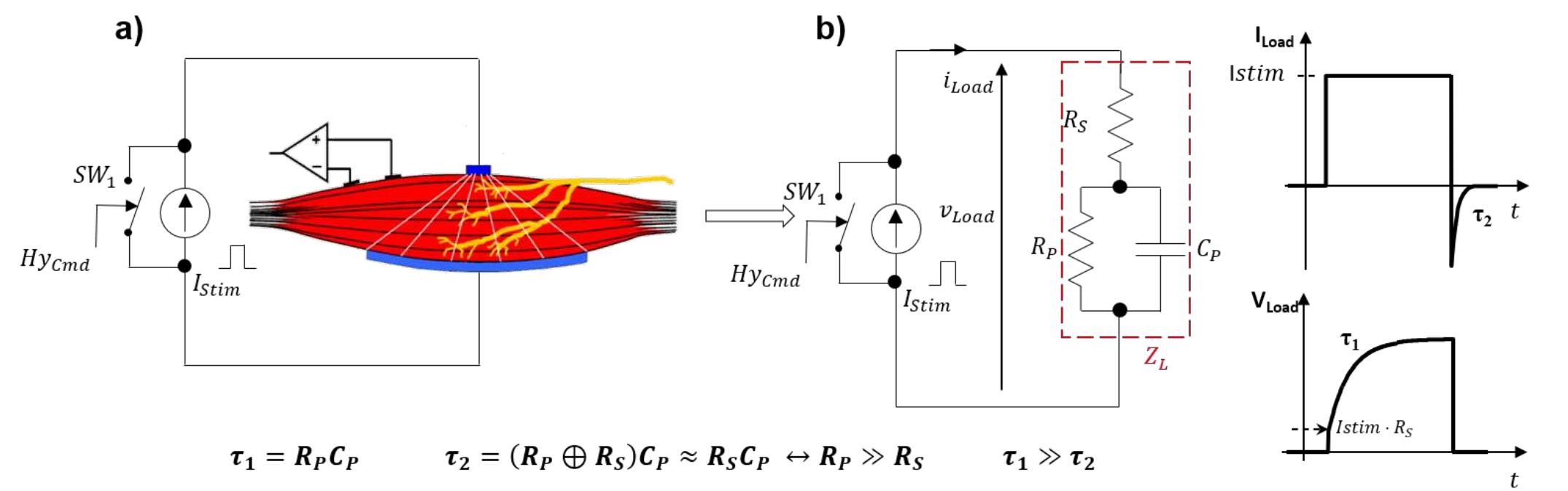 Shows the block diagram of the stimulation output stage. it