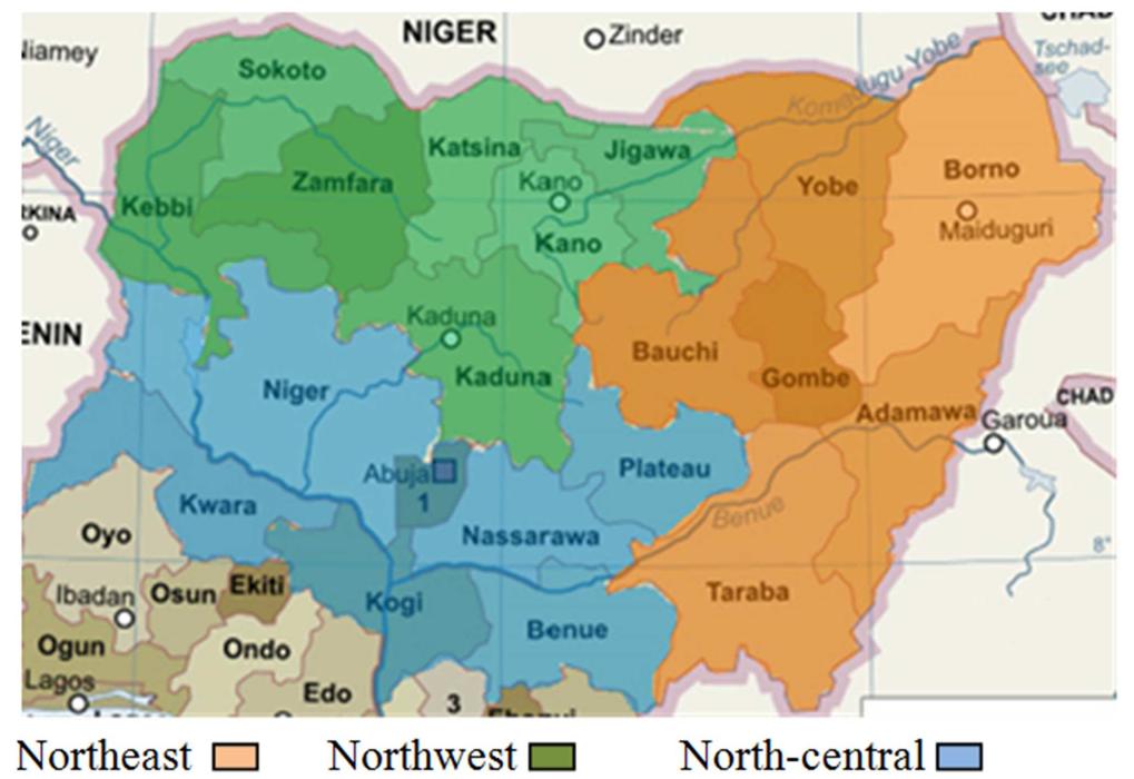 Map of nigeria showing the three northern geopolitical