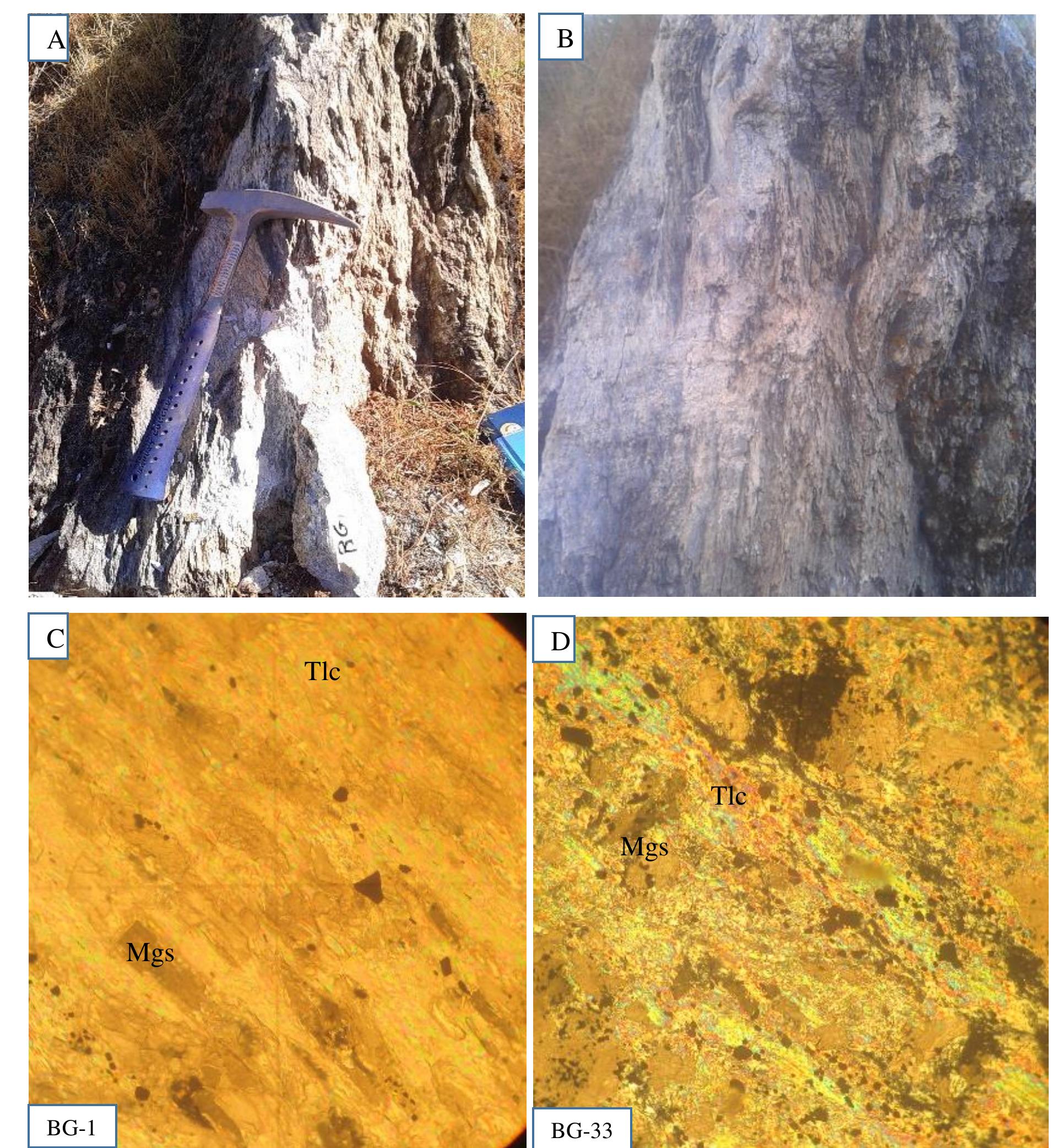 3 field and microscopic photographs of talc schist outcrops.