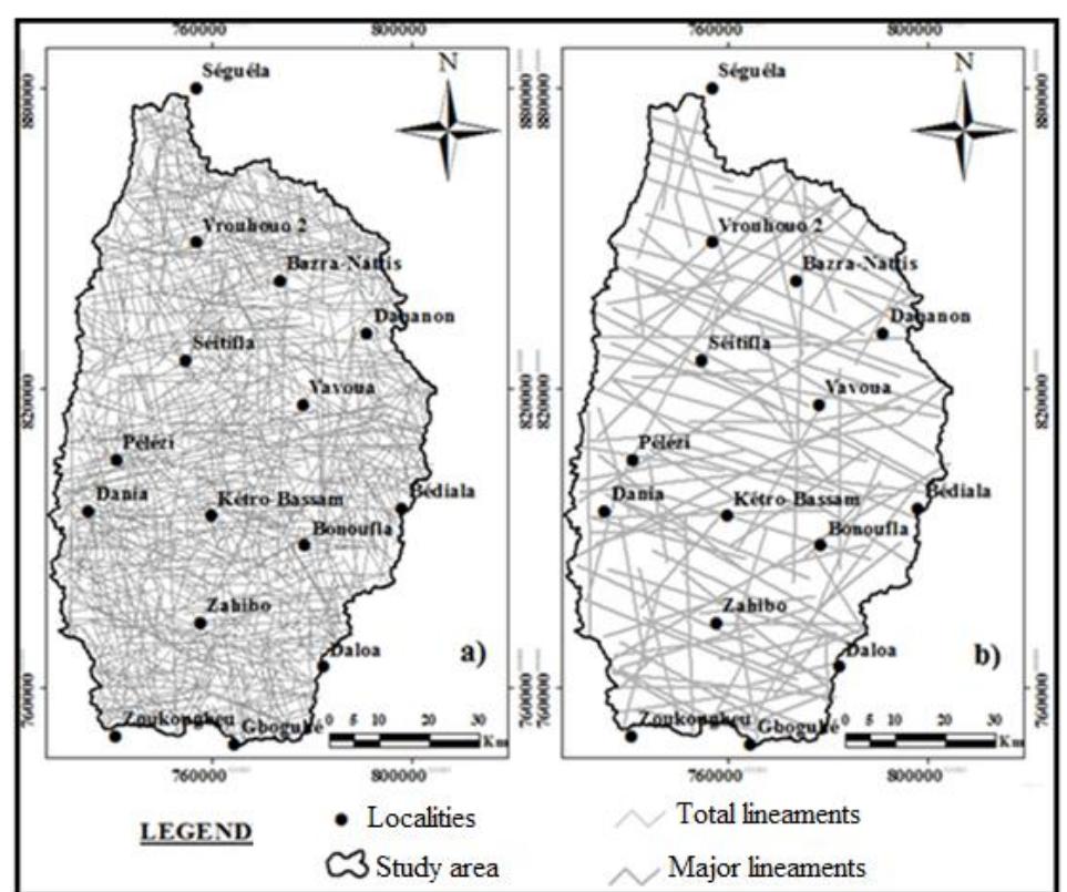 Lineament map of the lobo at nibéhibé watershed; a): total