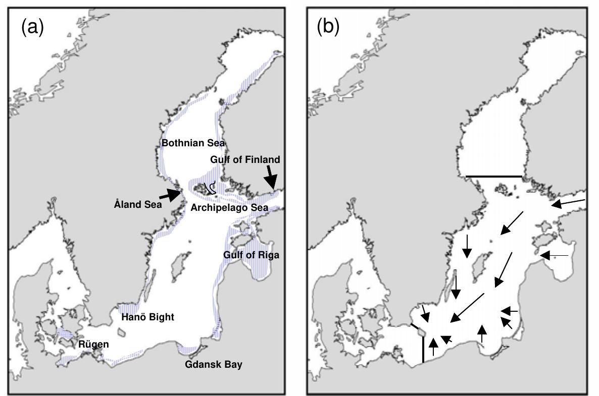1. map showing: (a) spawning locations; and (b) feeding