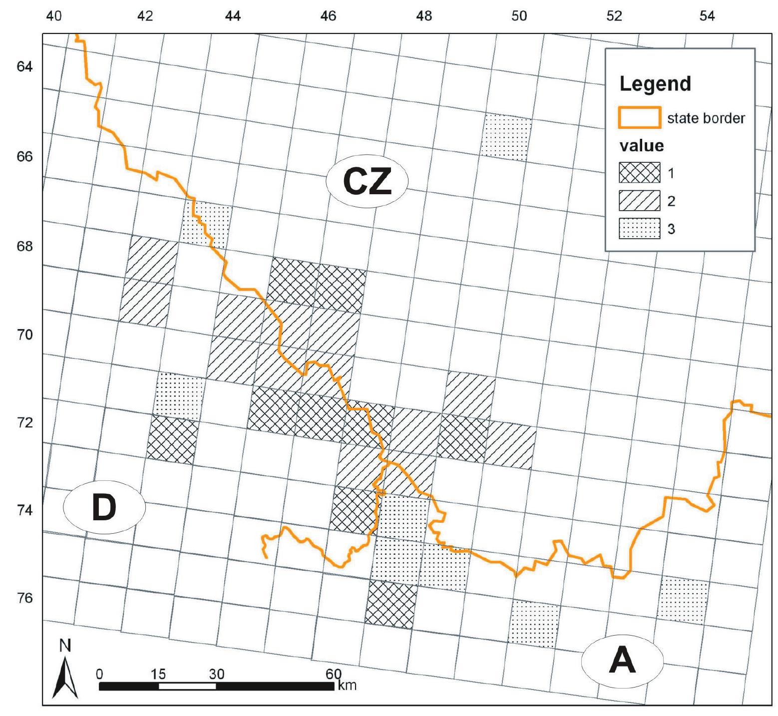 The grid map of recent (1990-2004) occurrence of wolf in the