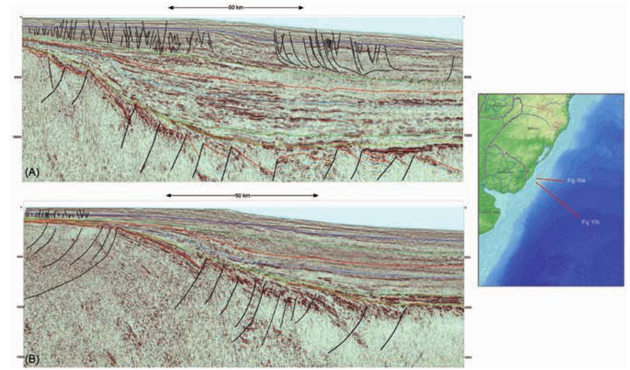 Regional seismic lines from the southern pelotas basin. a)