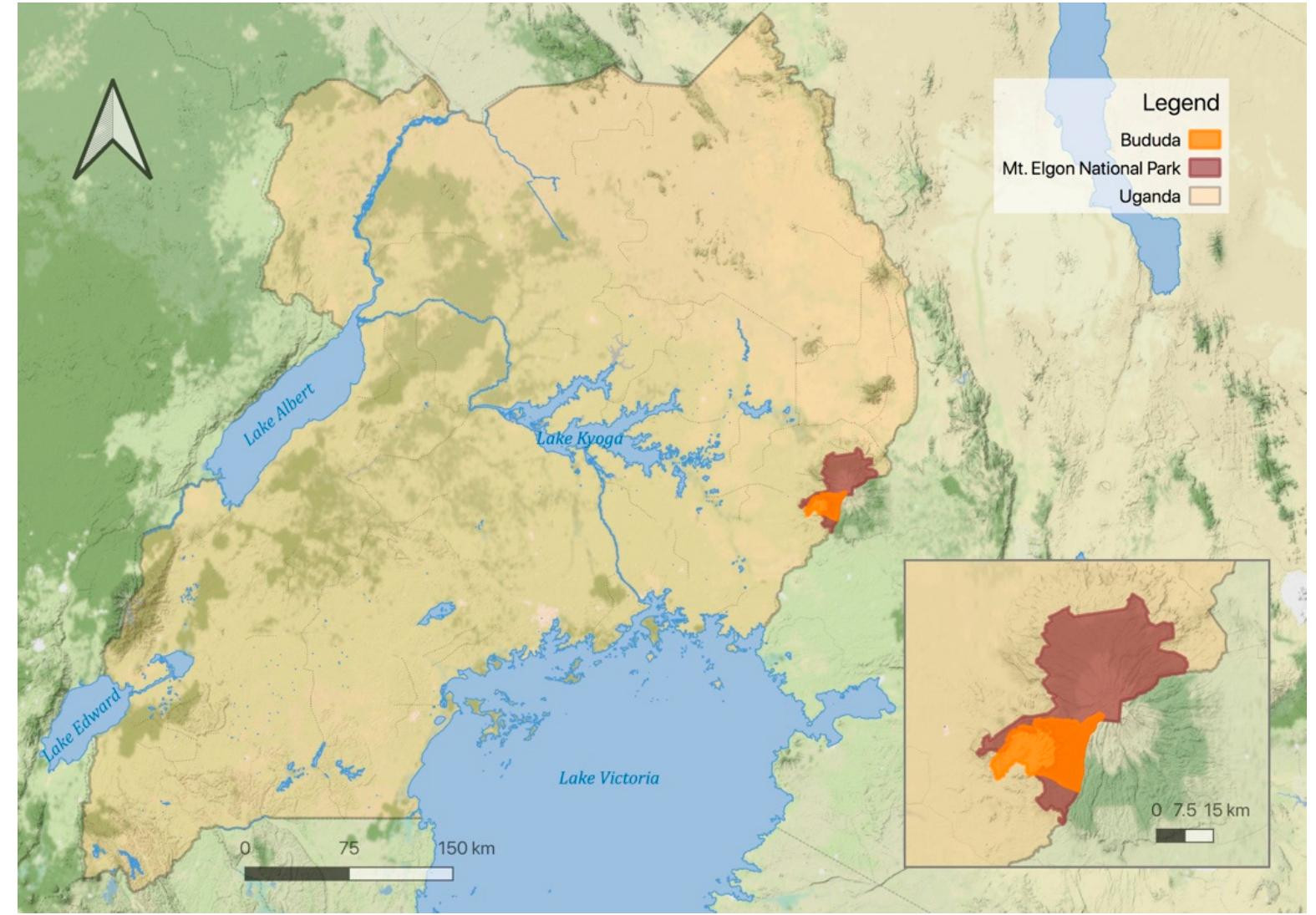 Map of uganda. district explored shown in orange. map