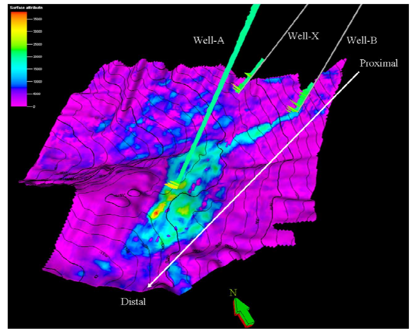 4: amplitude map showing well locations in channelized