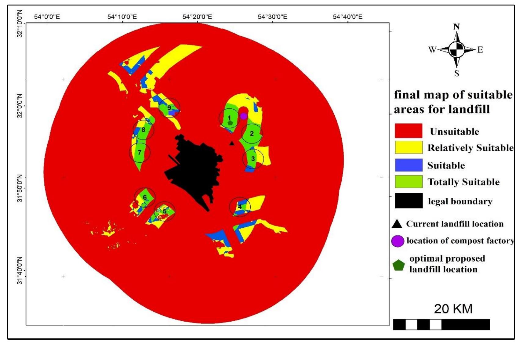 Shows the final map of suitable areas for landfill with