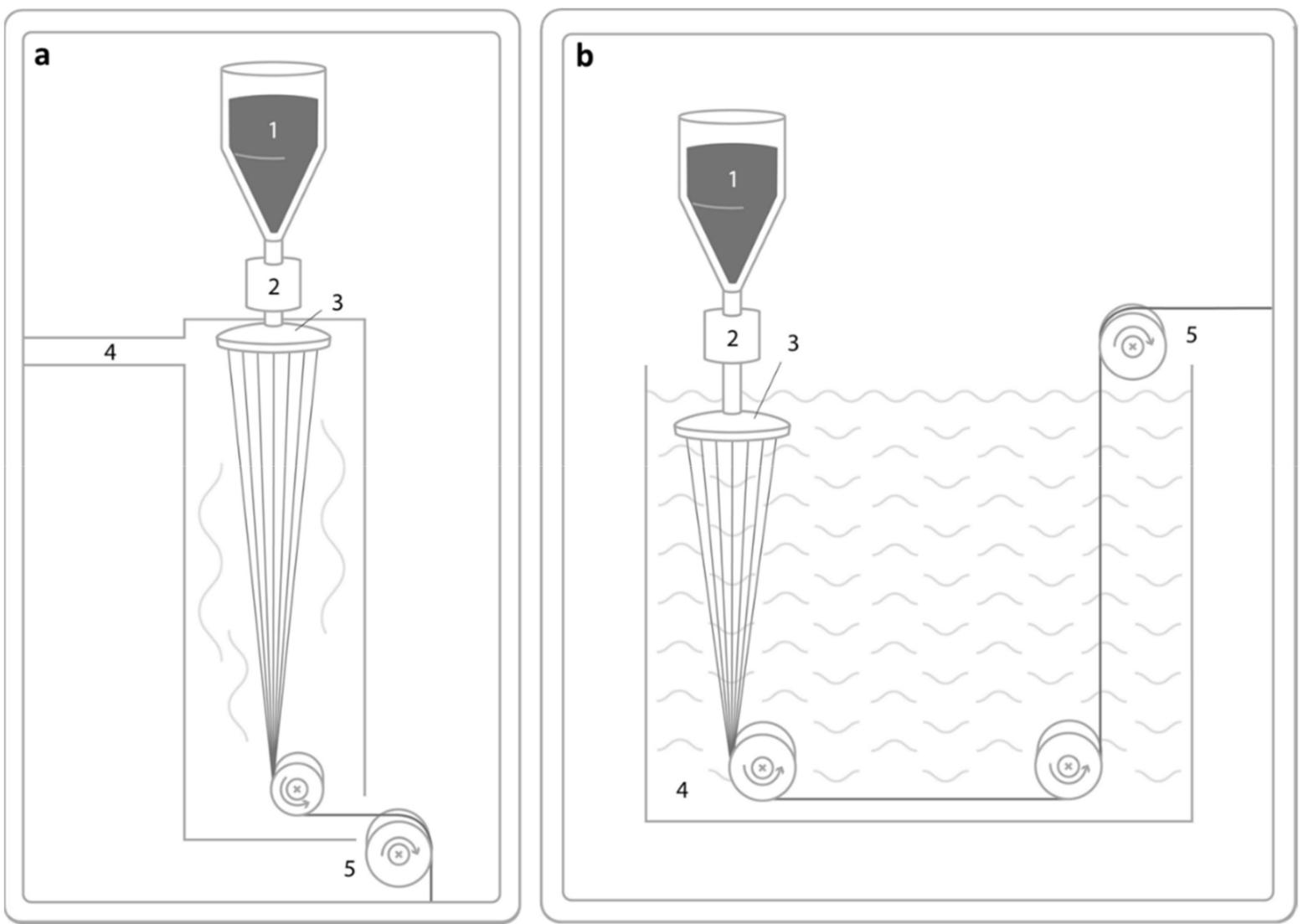 Schematic drawing of dry spinning (a) with the polymer