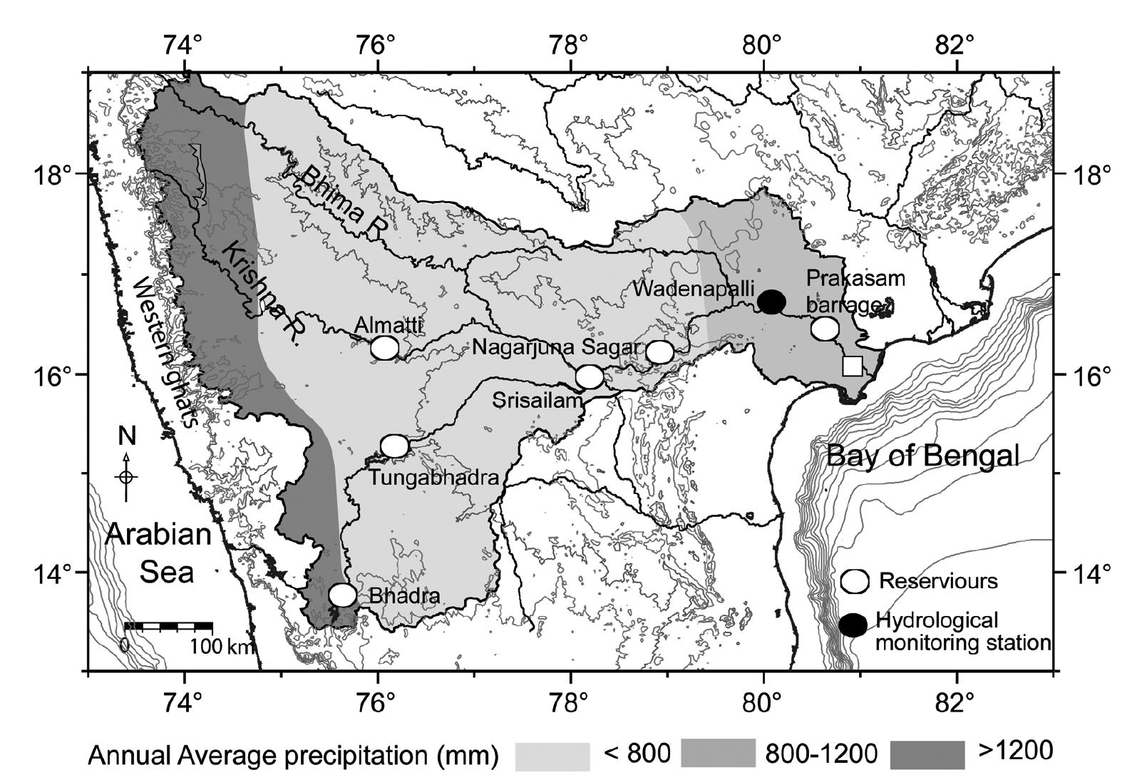 Map showing river krishna and its tributaries. location of