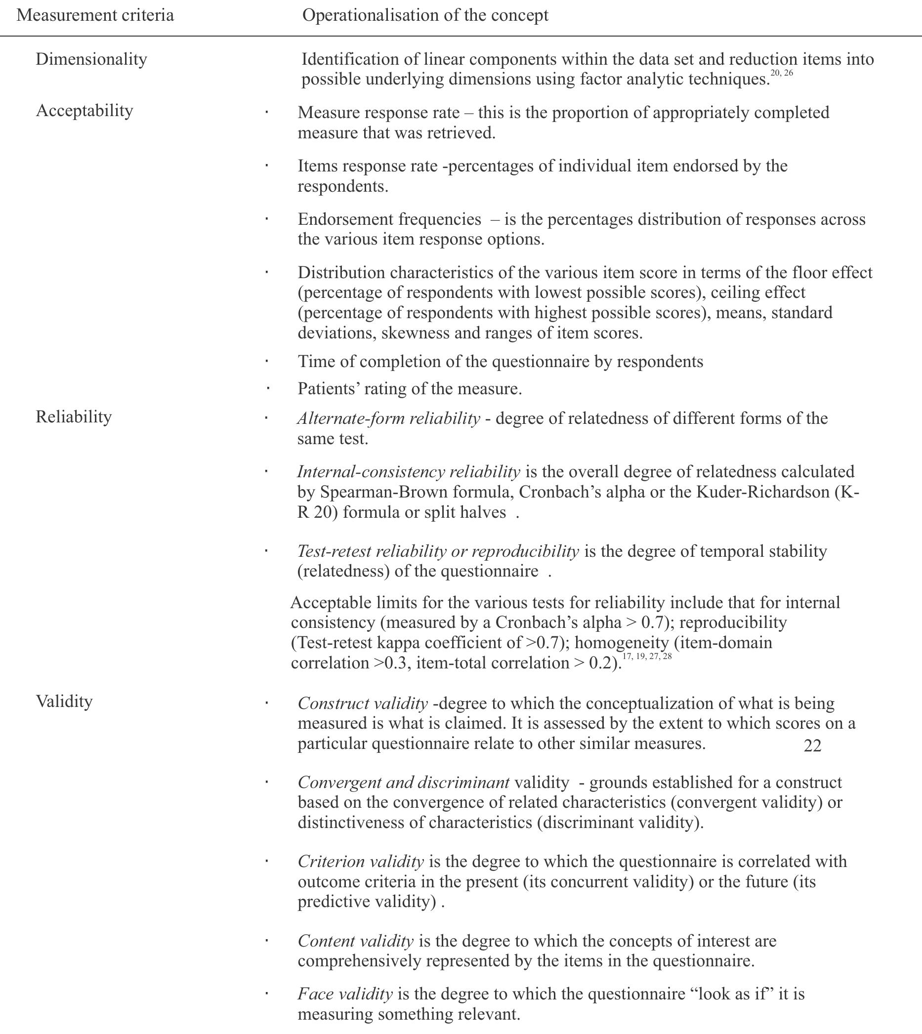I. criteria for evaluating the measurement properties of