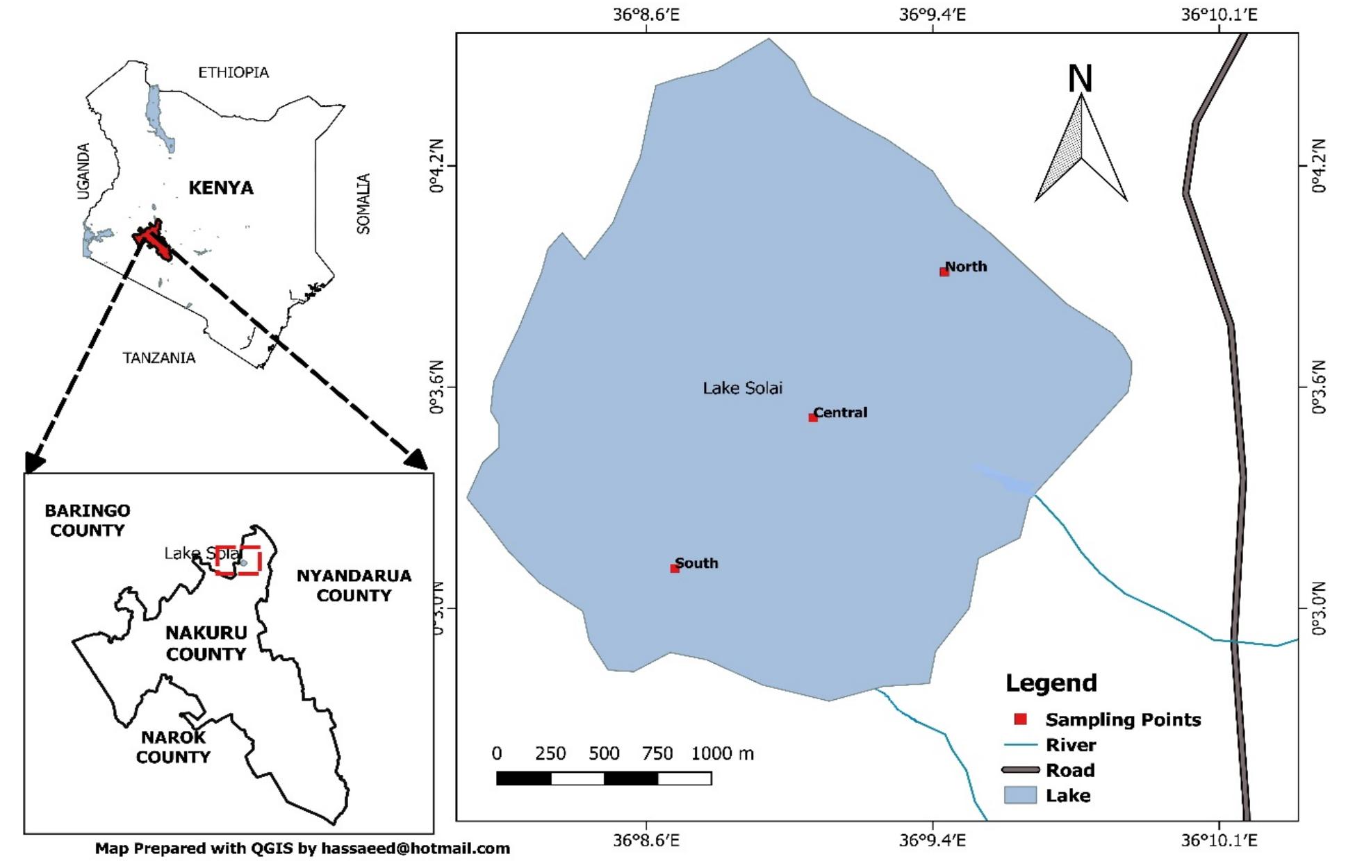 Map of lake solai showing the sampling sites, the points