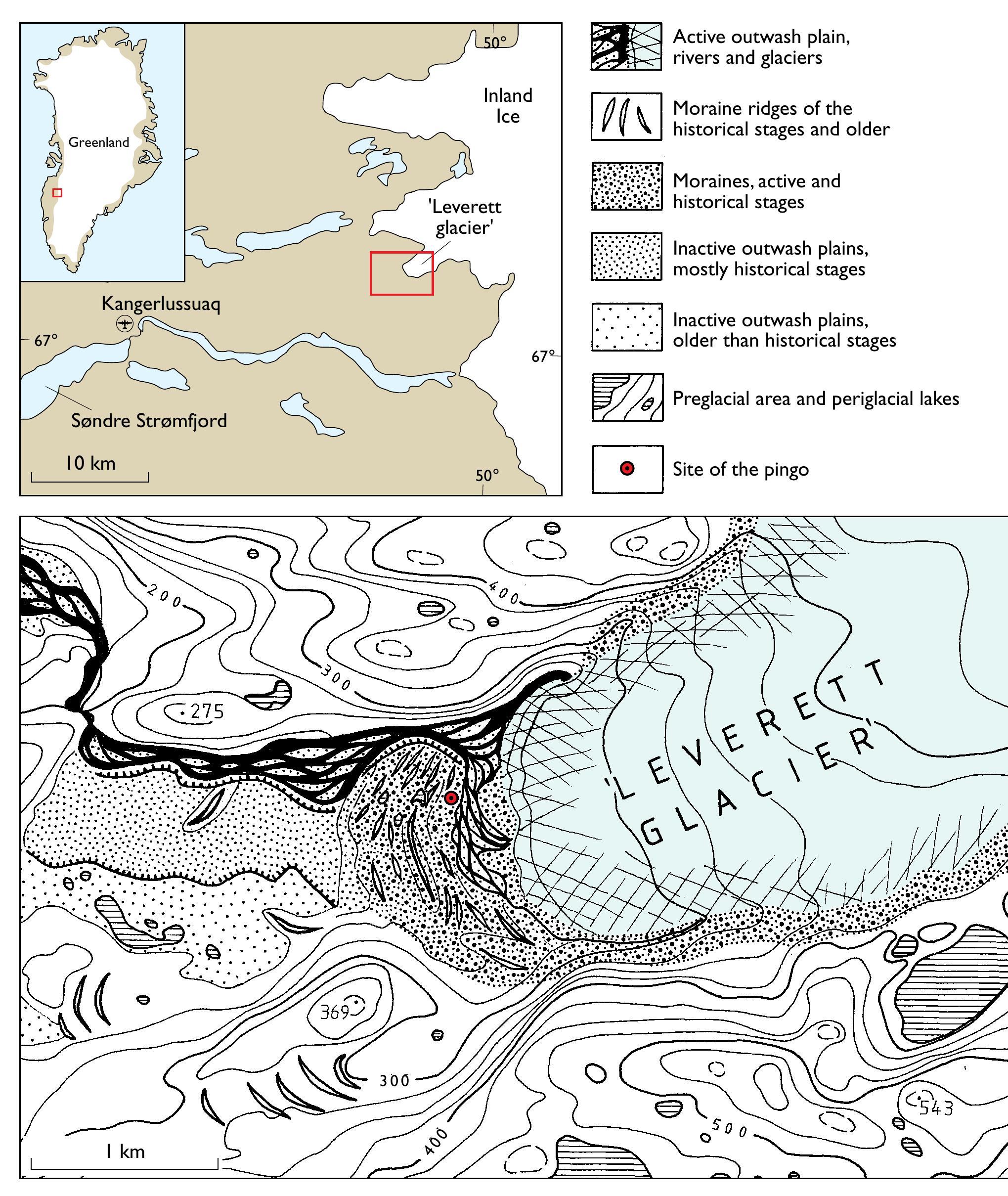 Sketch map showing the site of the pingo in front of