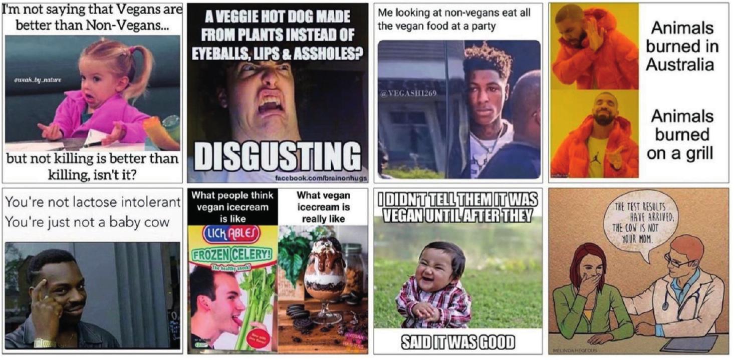 Examples of internet memes parodying anti-vegan claims.