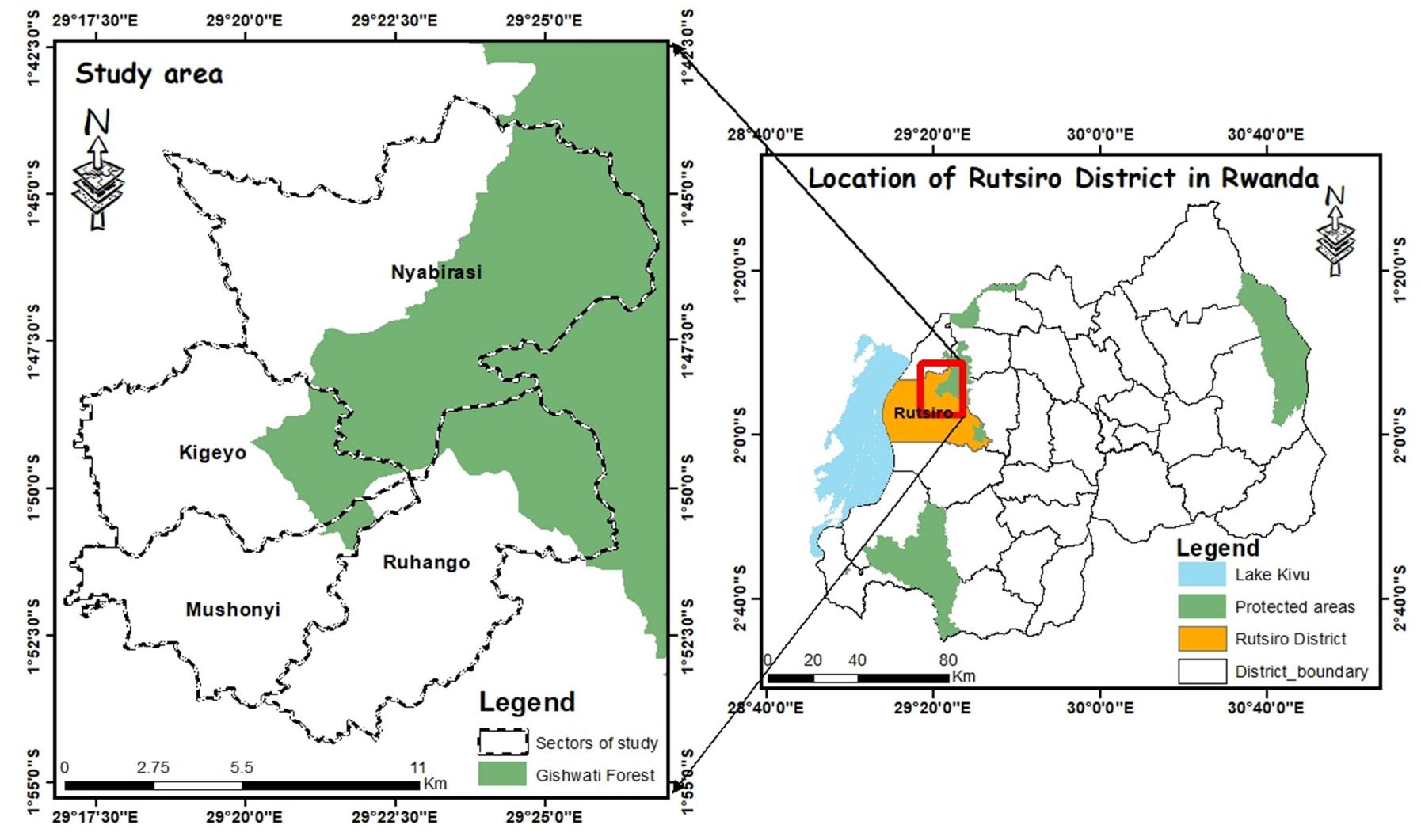 Geographical map of rutsiro district. n rwanda, as one of