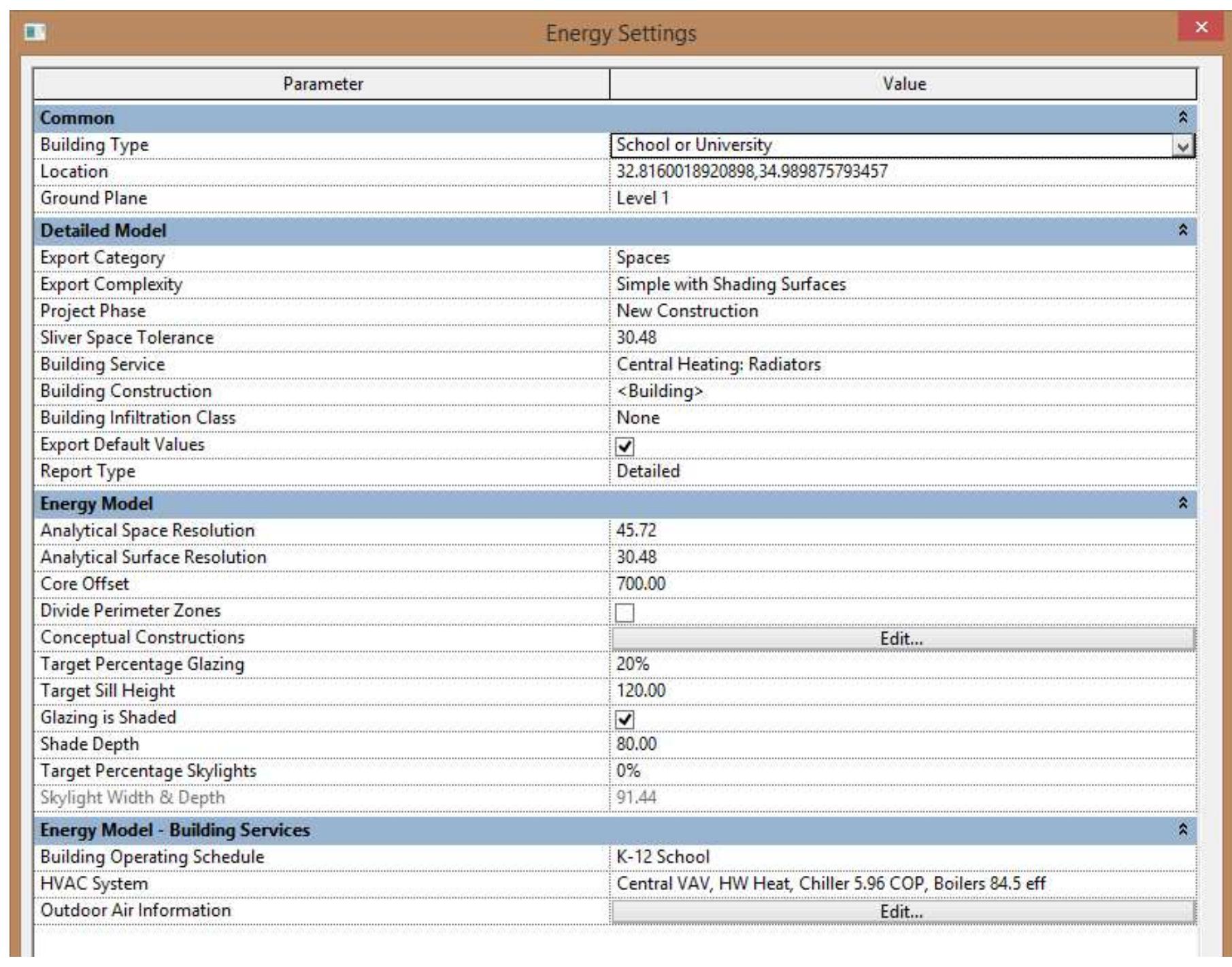 - autodesk revit's energy analysis settings window.