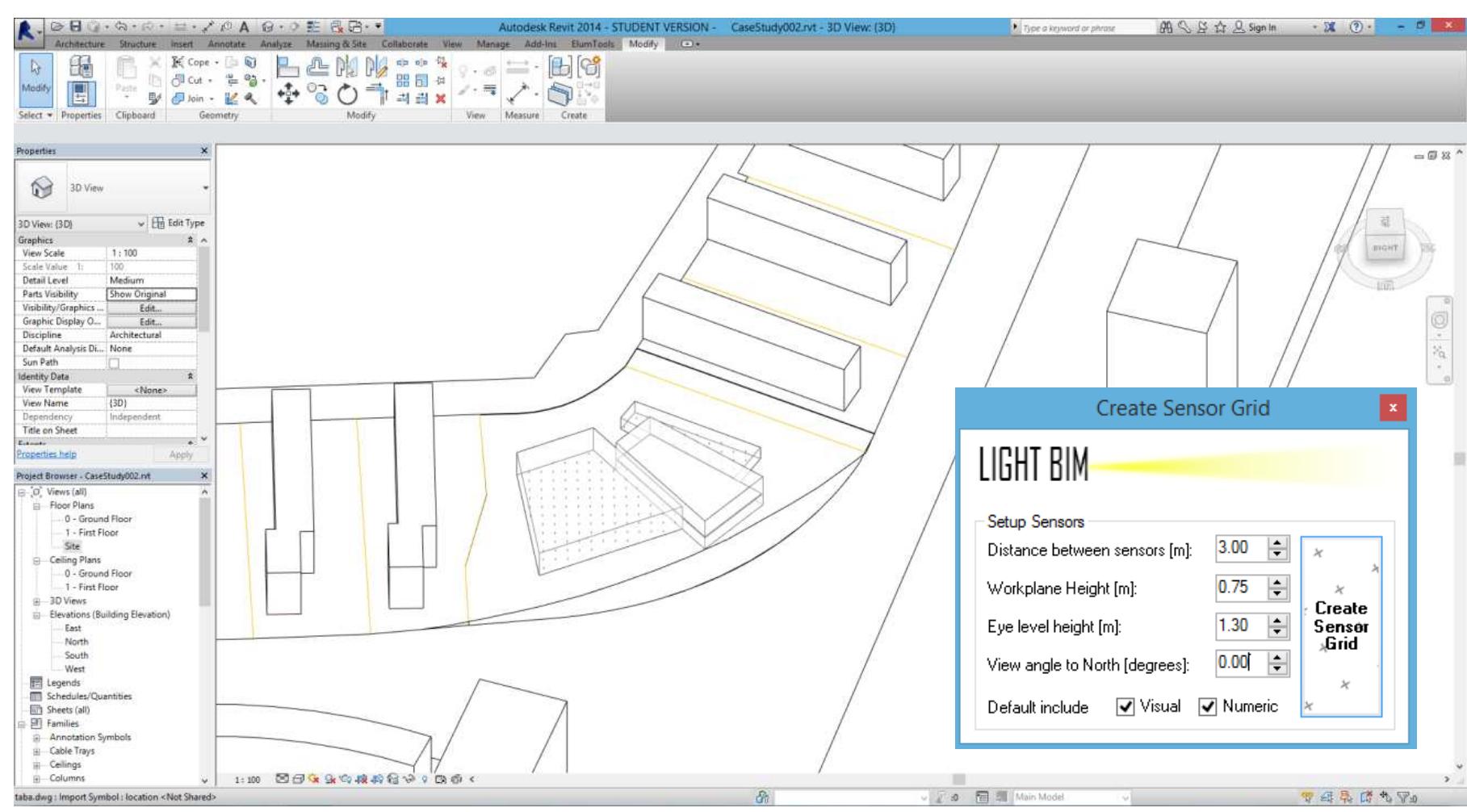 - initial massing in revit with virtual lightbim sensors
