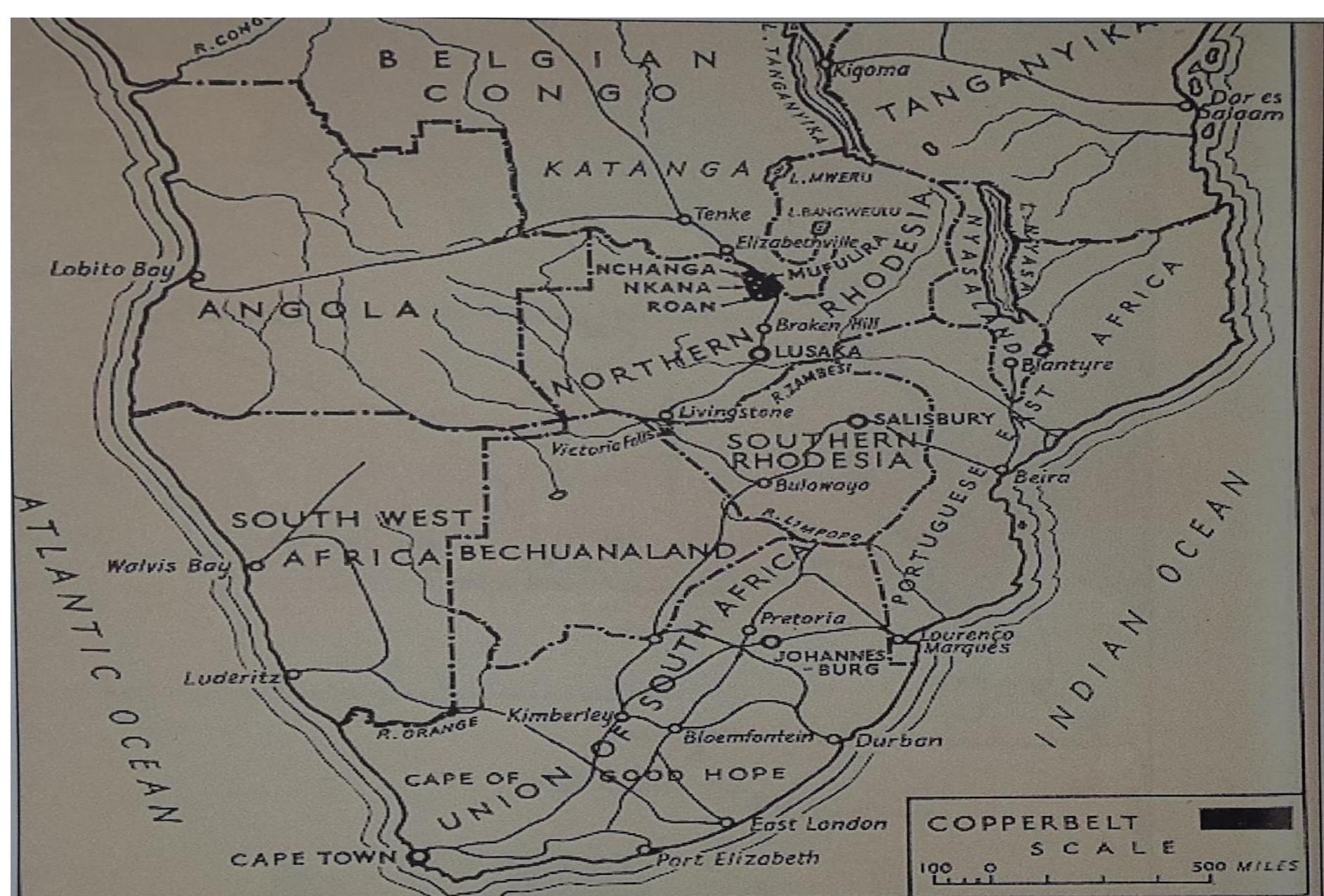 1: map of northern rhodesia and southern africa showing the