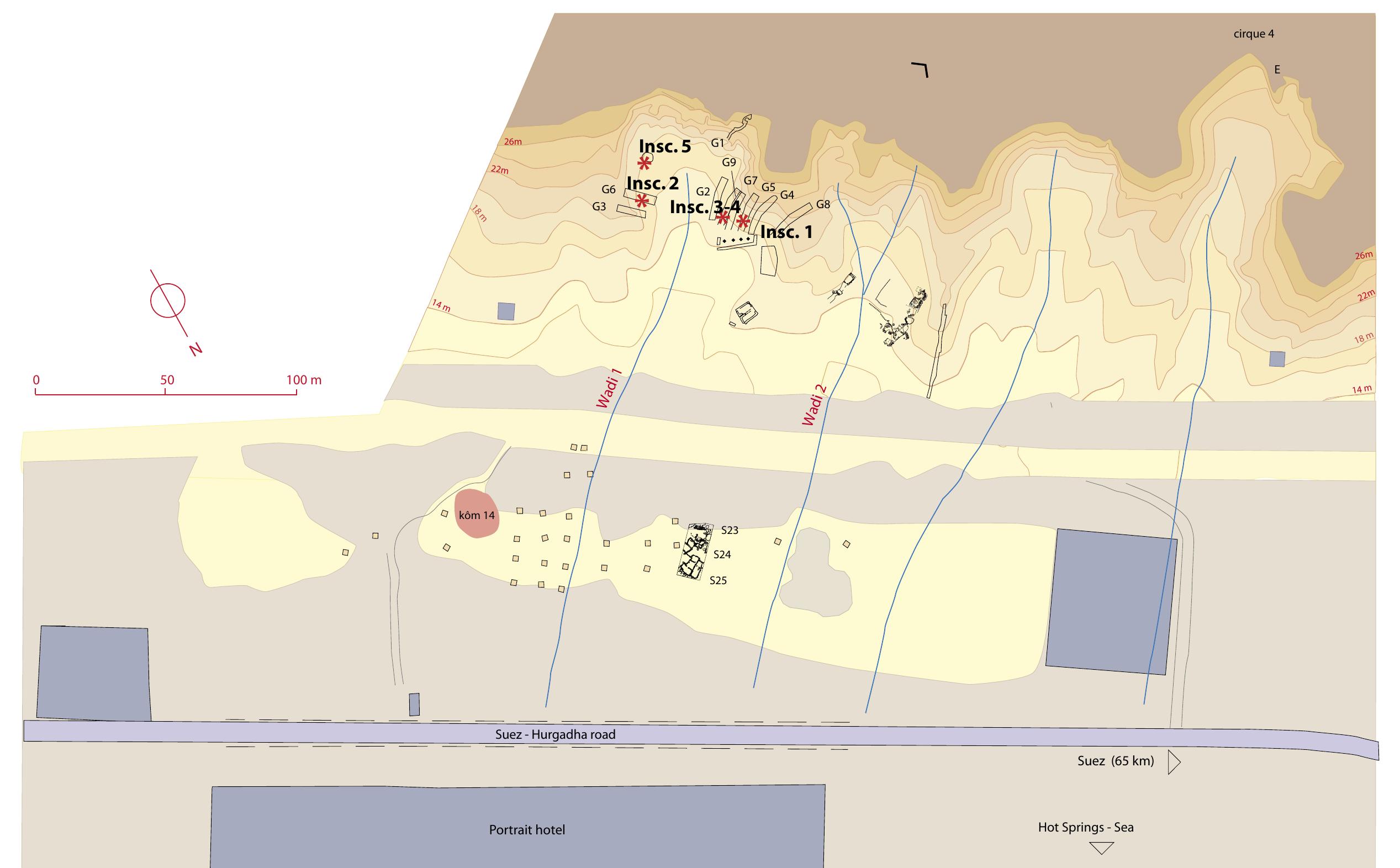 , map of the site with location of inscriptions 1-5.