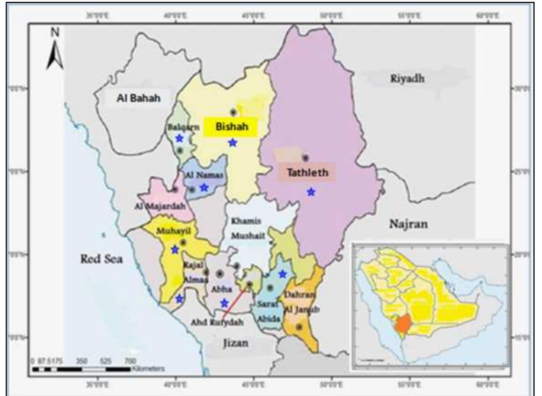 Map of asir province showing surveyed governorates